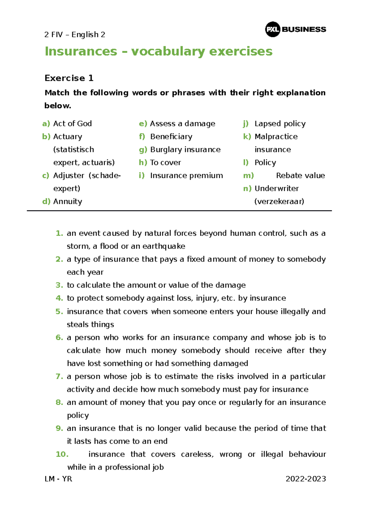ST - Insurances - Vocabulary - 2223 - Insurances – vocabulary exercises ...