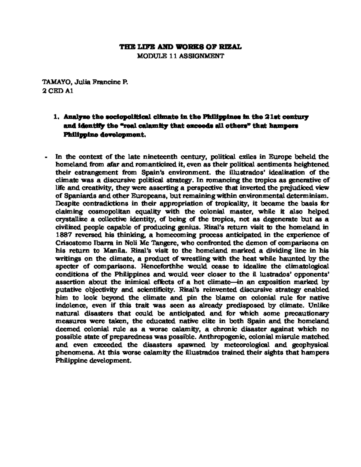 Module 11 Assignment Tamayo, Julia Francine P - Rizal’s Life, Works And ...