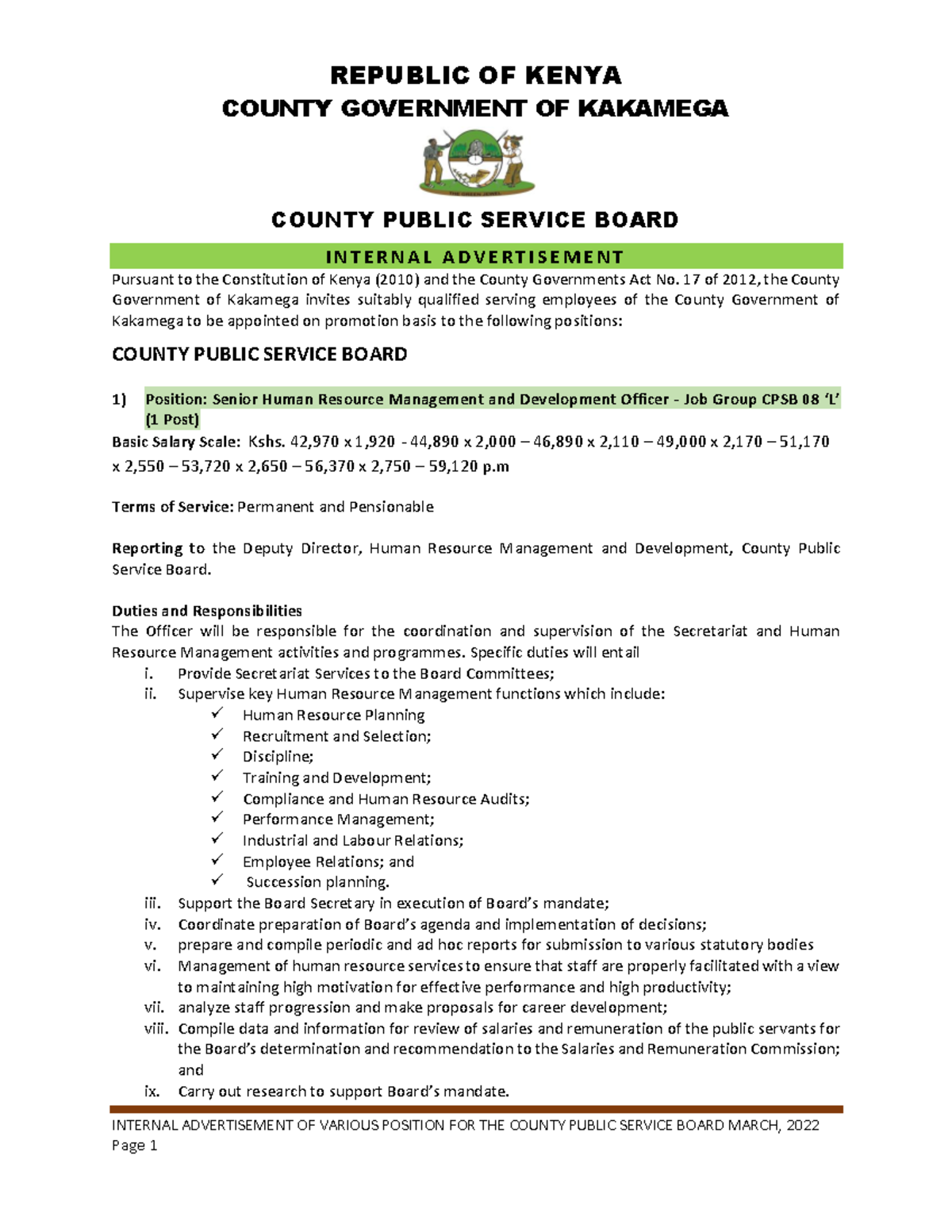 Internal Advertisement FOR Various Positions FOR THE County Public ...