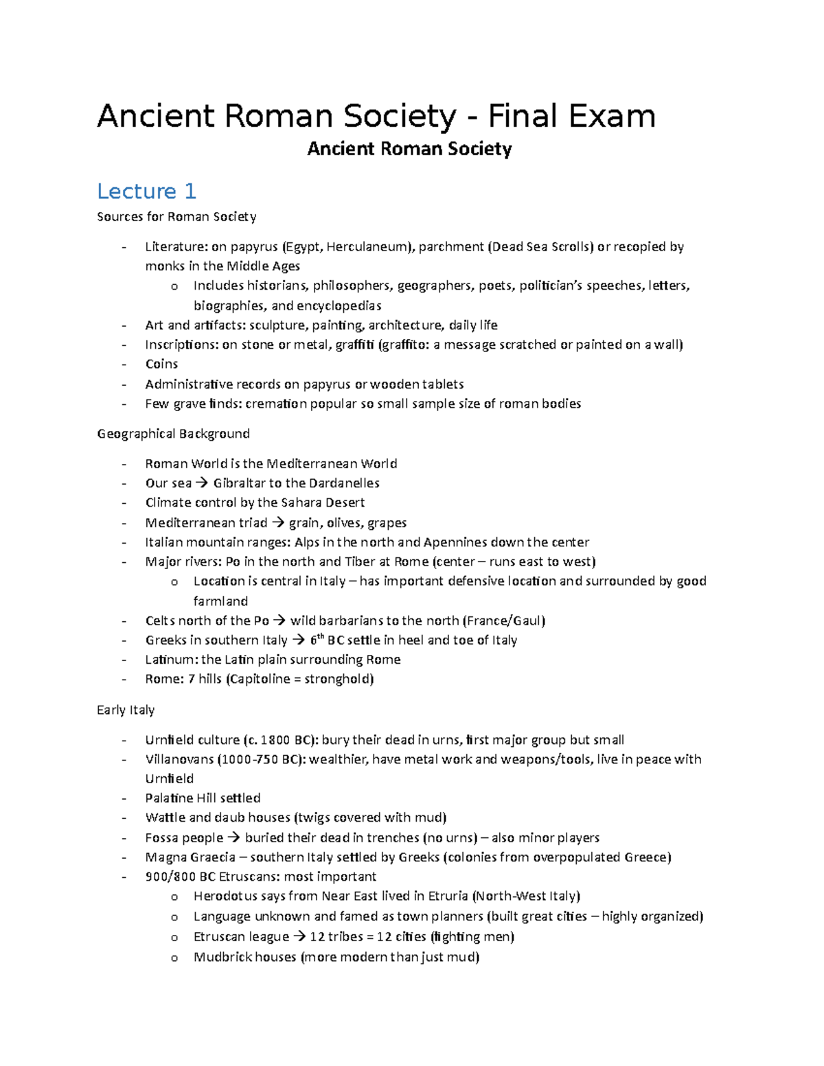 CL202 Review - Ancient Roman Society - Final Exam Ancient Roman Society ...