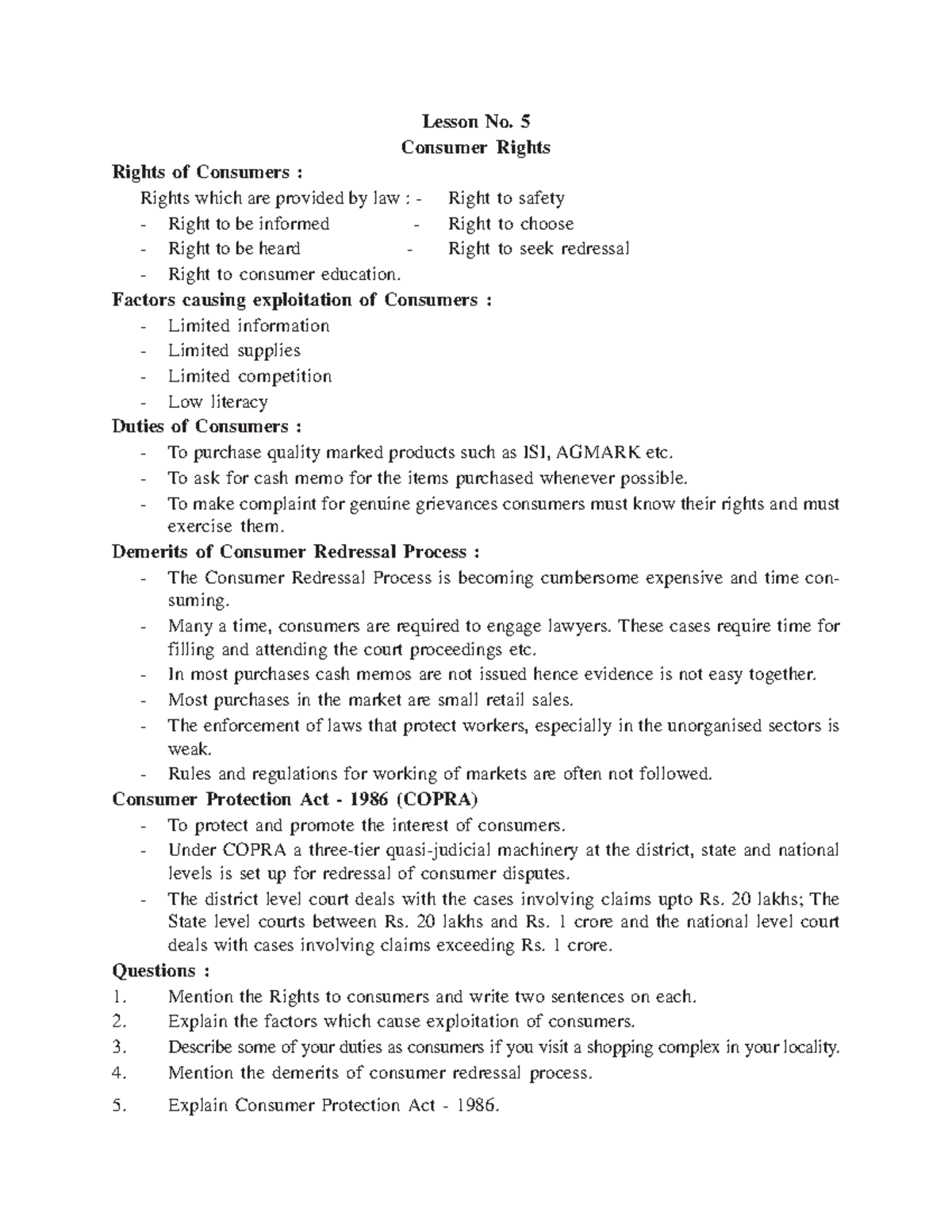 Consumer Rights - Lesson No. 5 Consumer Rights Rights of Consumers ...
