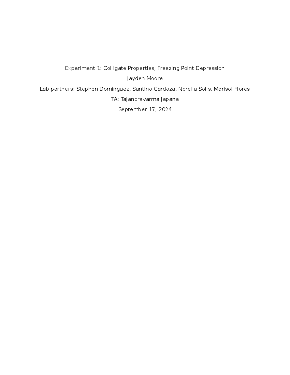 Experiment 1 - lab report - Experiment 1: Colligate Properties ...