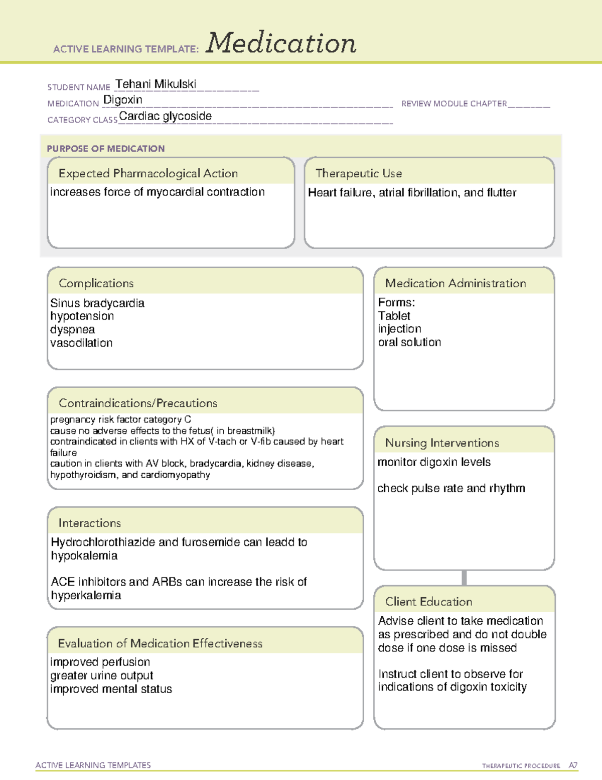 Digoxin med sheet - N/A - ACTIVE LEARNING TEMPLATES TherapeuTic ...