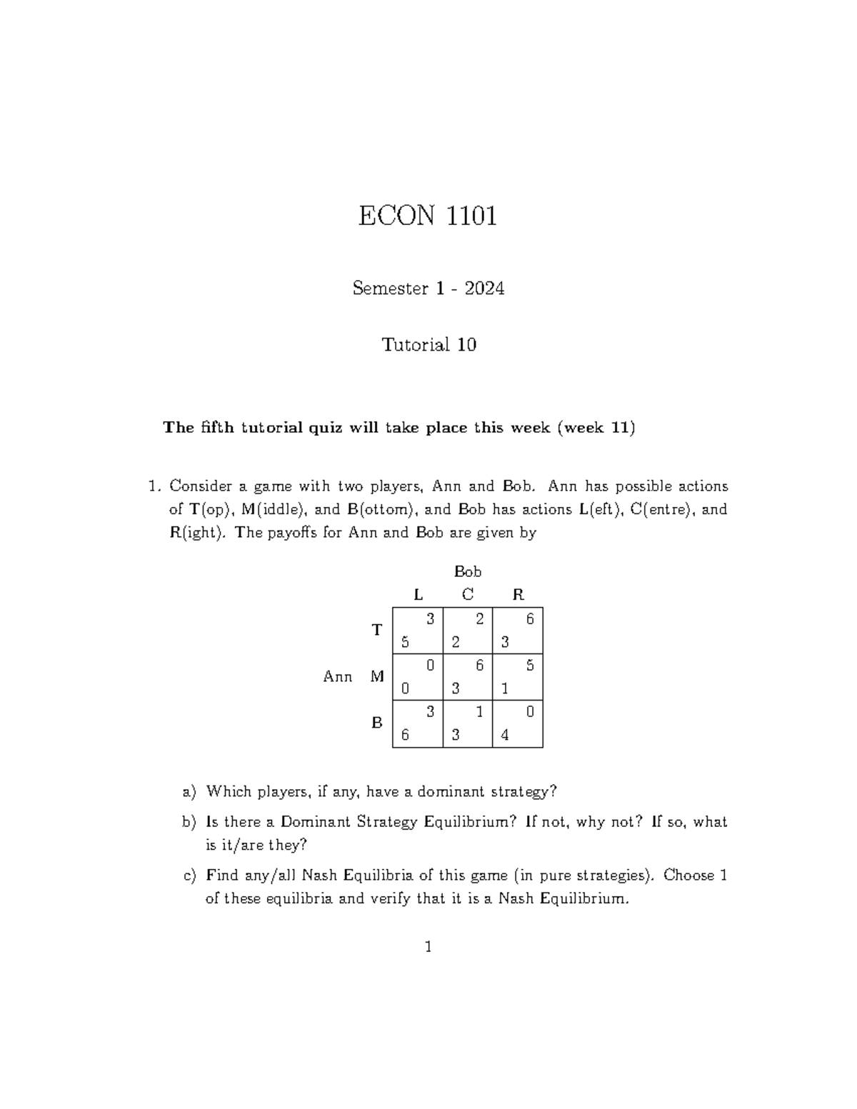 Tutorial 10 Questions - ECON 1101 Semester 1 - 2024 Tutorial 10 The ...