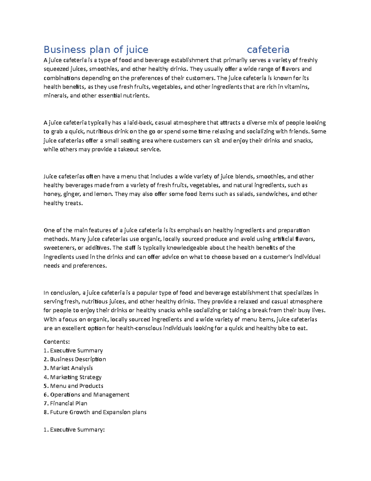 Kader ganacsi - Business plan of juice cafeteria A juice cafeteria is a ...