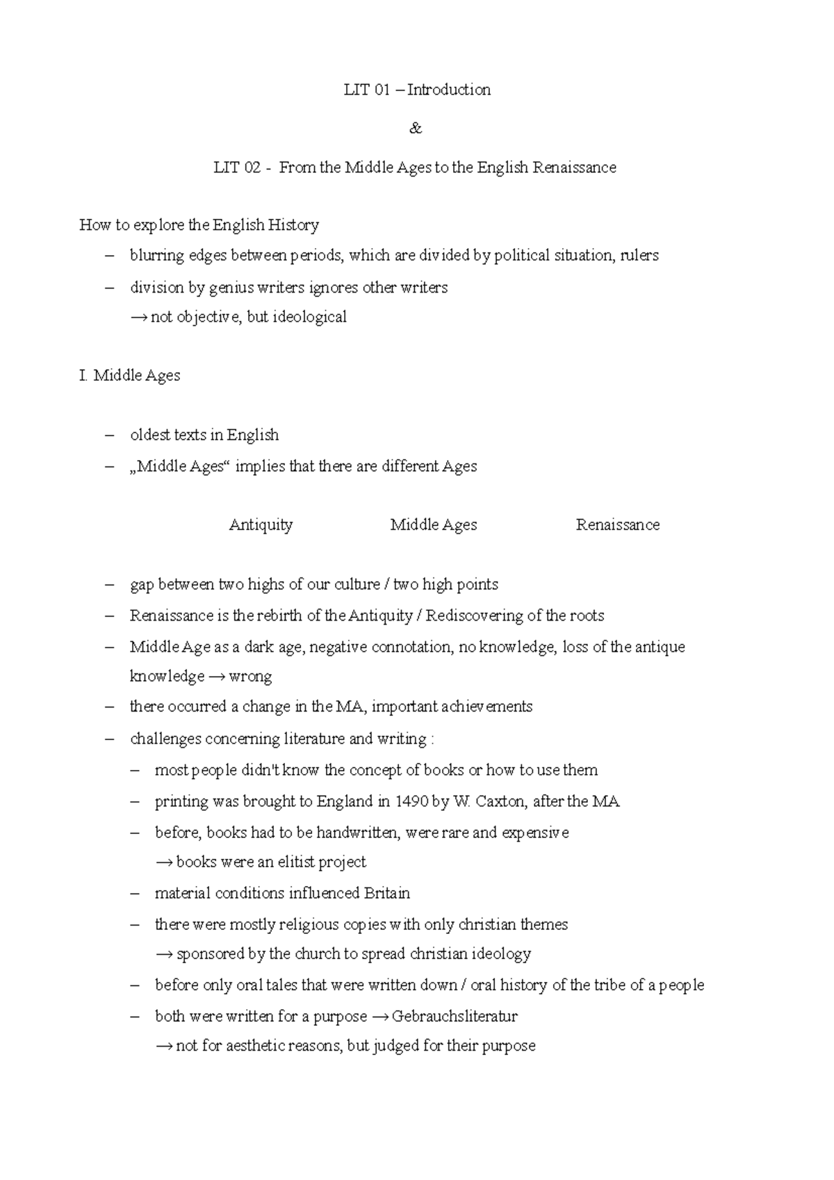 LIT 201 Summary - LIT 01 – Introduction & LIT 02 - From the Middle Ages ...
