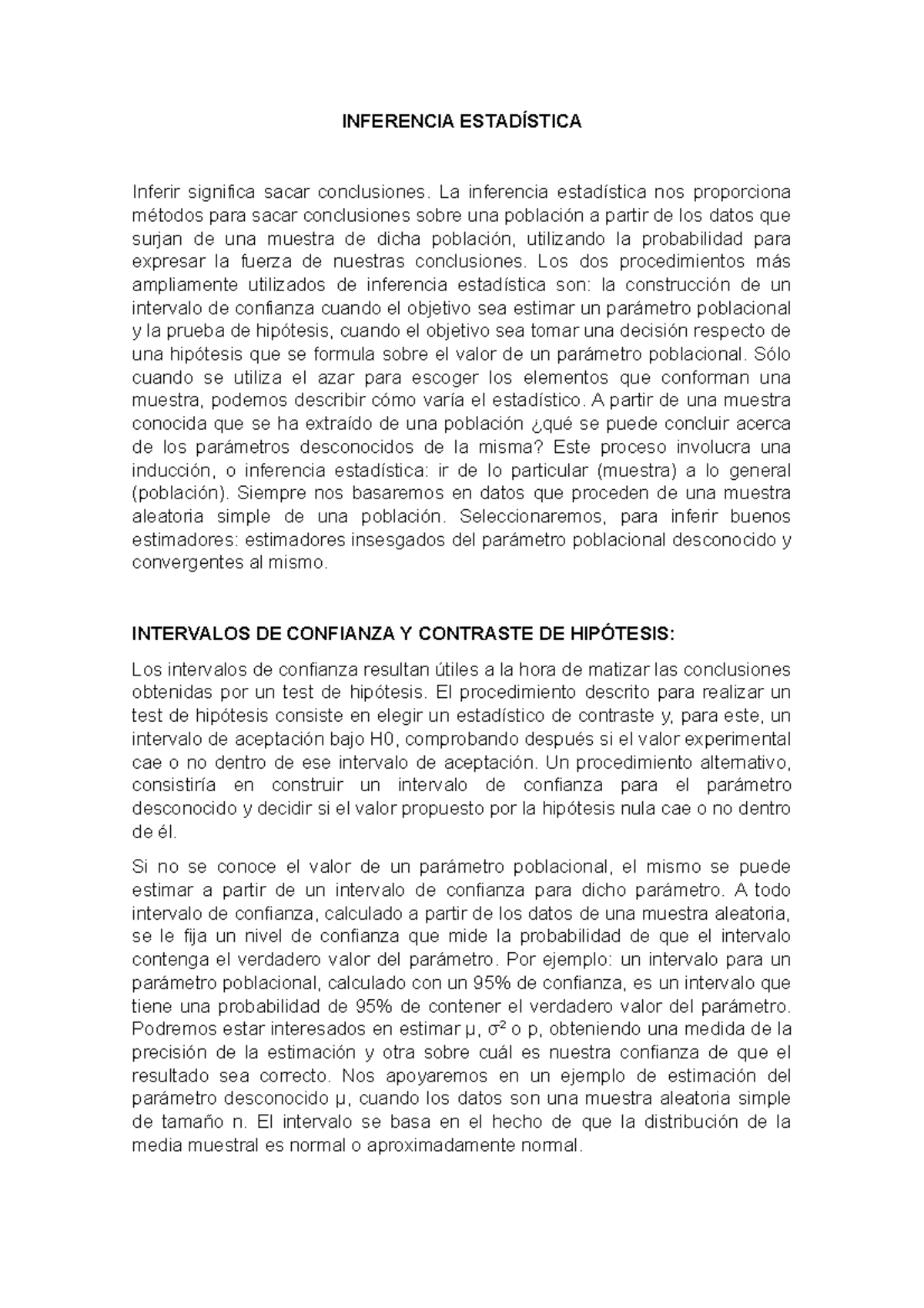 Bioestadistica - Apuntes 2 - INFERENCIA Inferir significa sacar ...