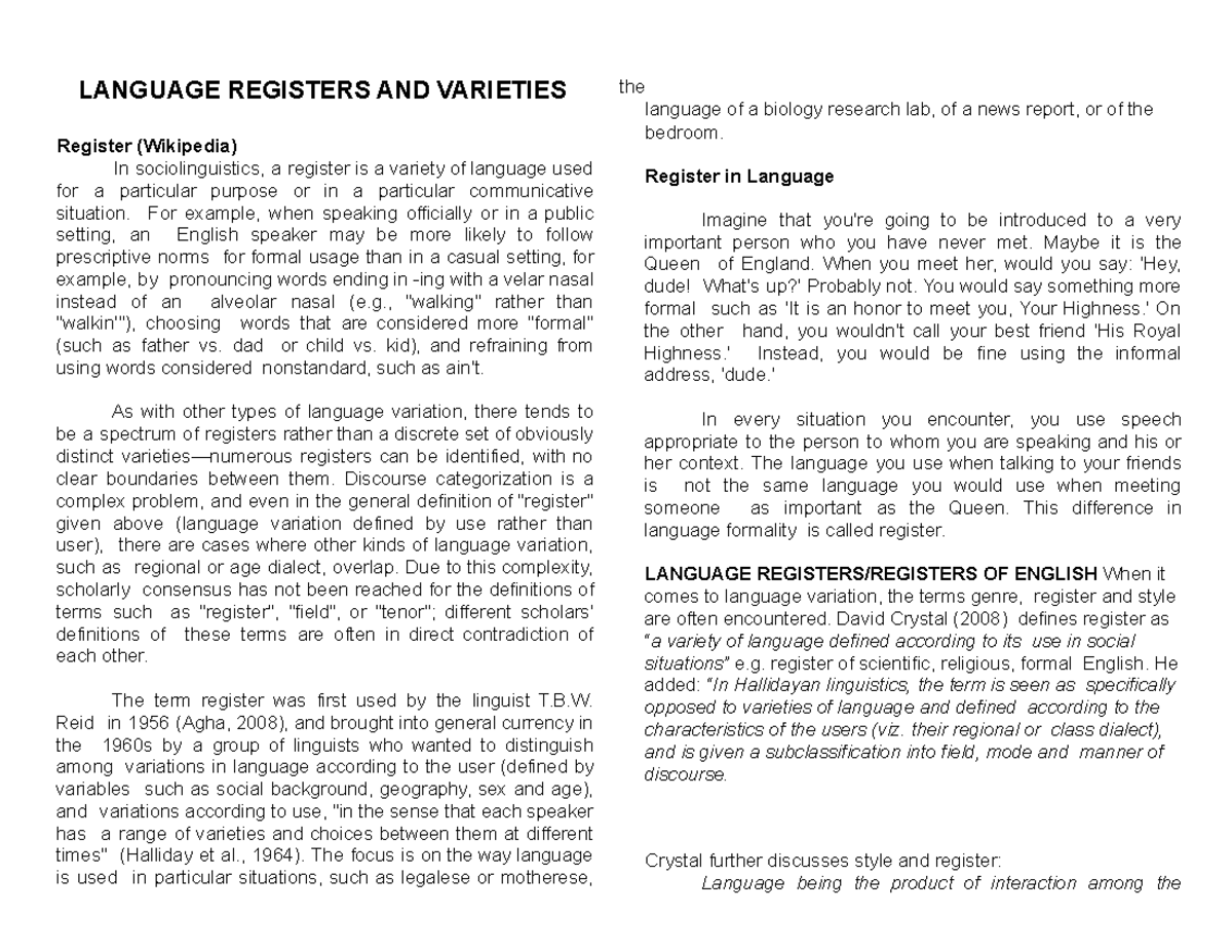 Handout 4 - Language Registers and Varieties - LANGUAGE REGISTERS AND VARIETIES Register ...