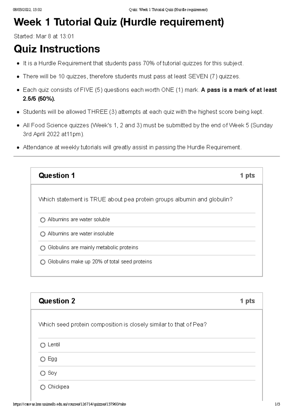 Quiz Week 1 Tutorial Quiz (Hurdle requirement) - 08/03/2022, 13:02 Quiz ...