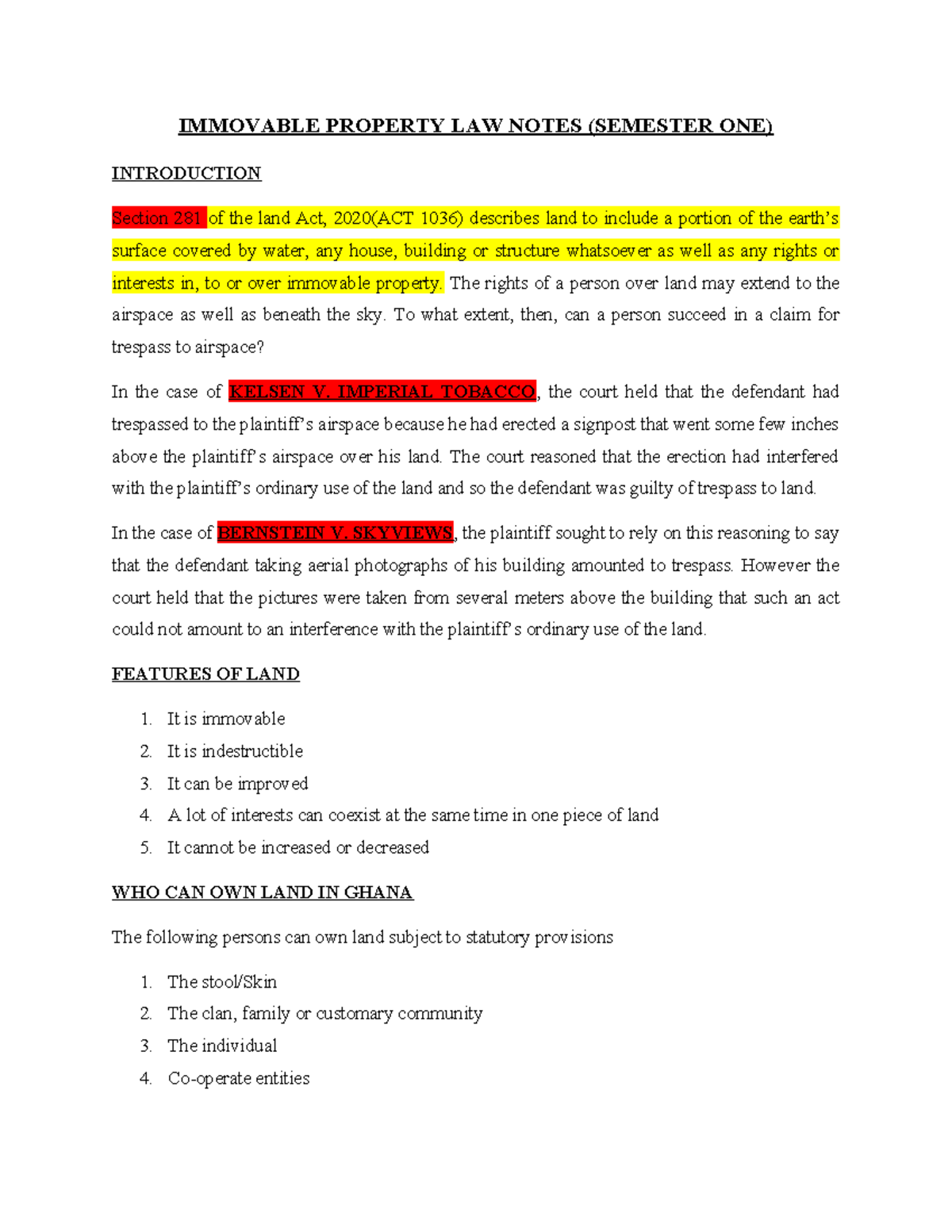 Immovable Property LAW Notes - IMMOVABLE PROPERTY LAW NOTES (SEMESTER ...