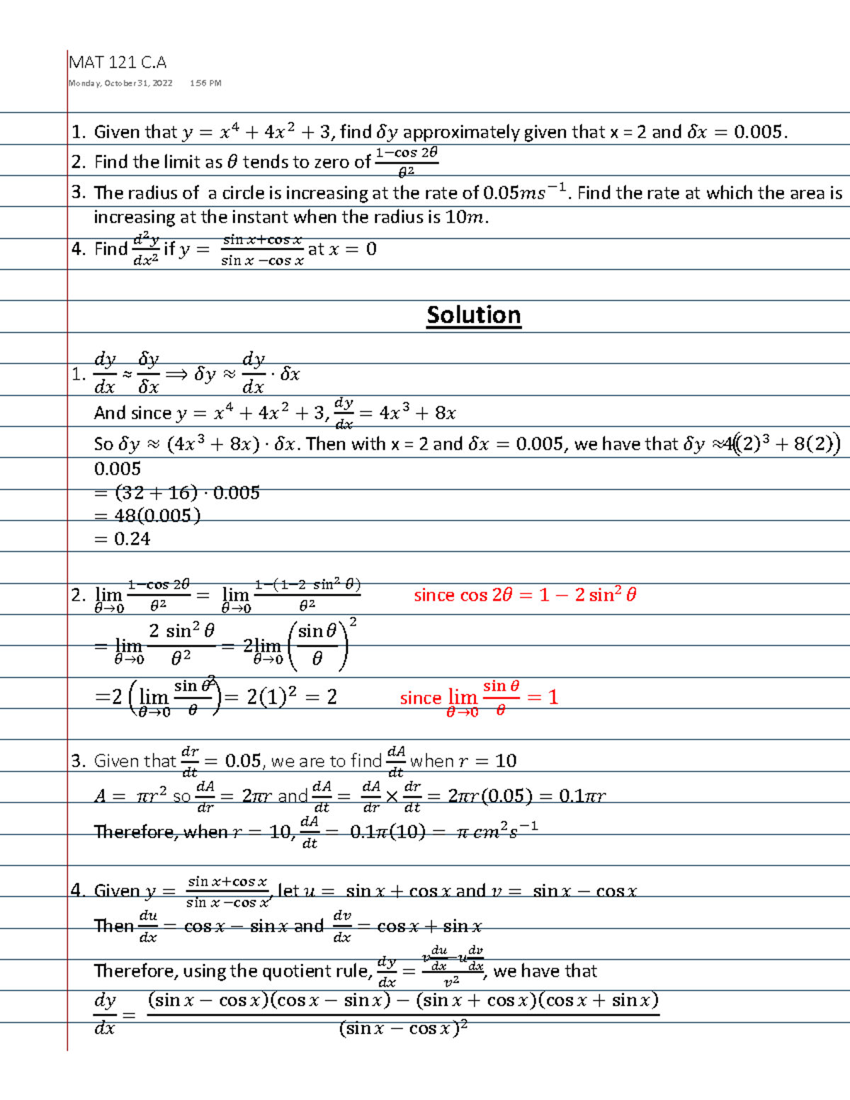 MAT 121 C A(Edited) - Solution to first C.A test - 1 that 𝑦 = 𝑥ସ + 4𝑥ଶ ...