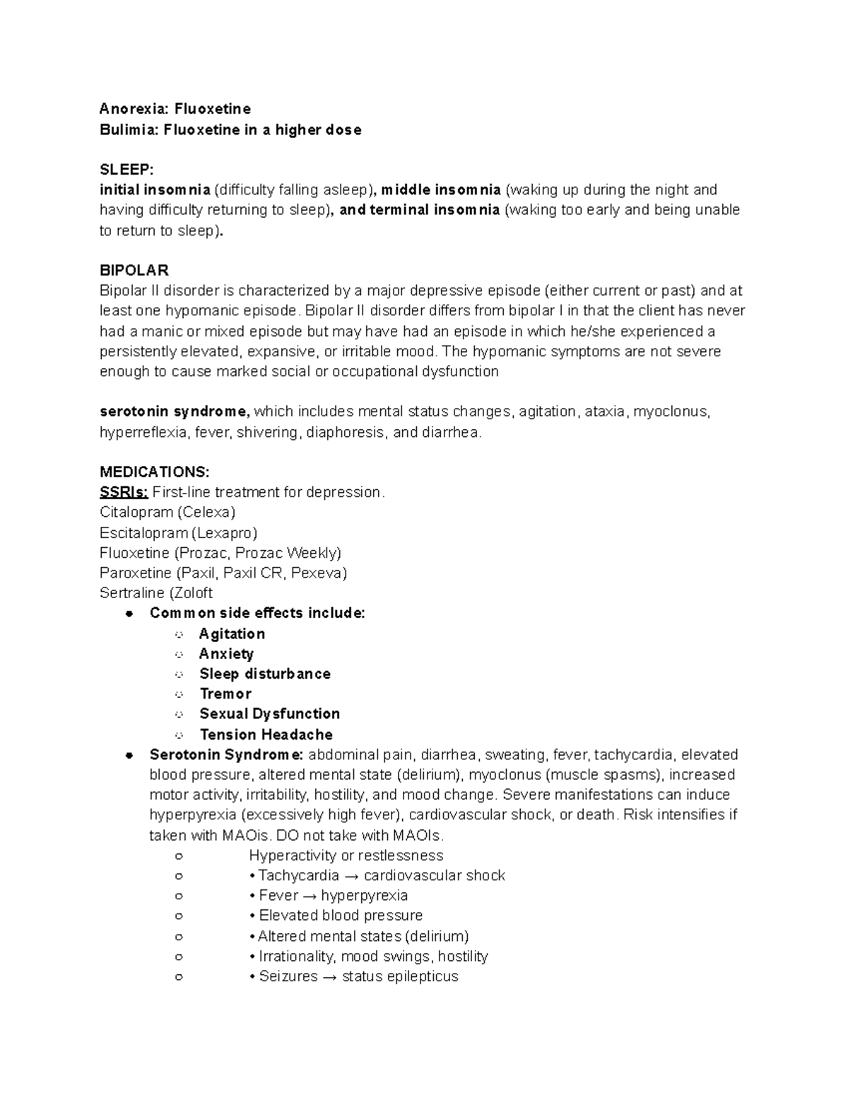 415 exam 3 - Mental health med and side effects - Anorexia: Fluoxetine ...
