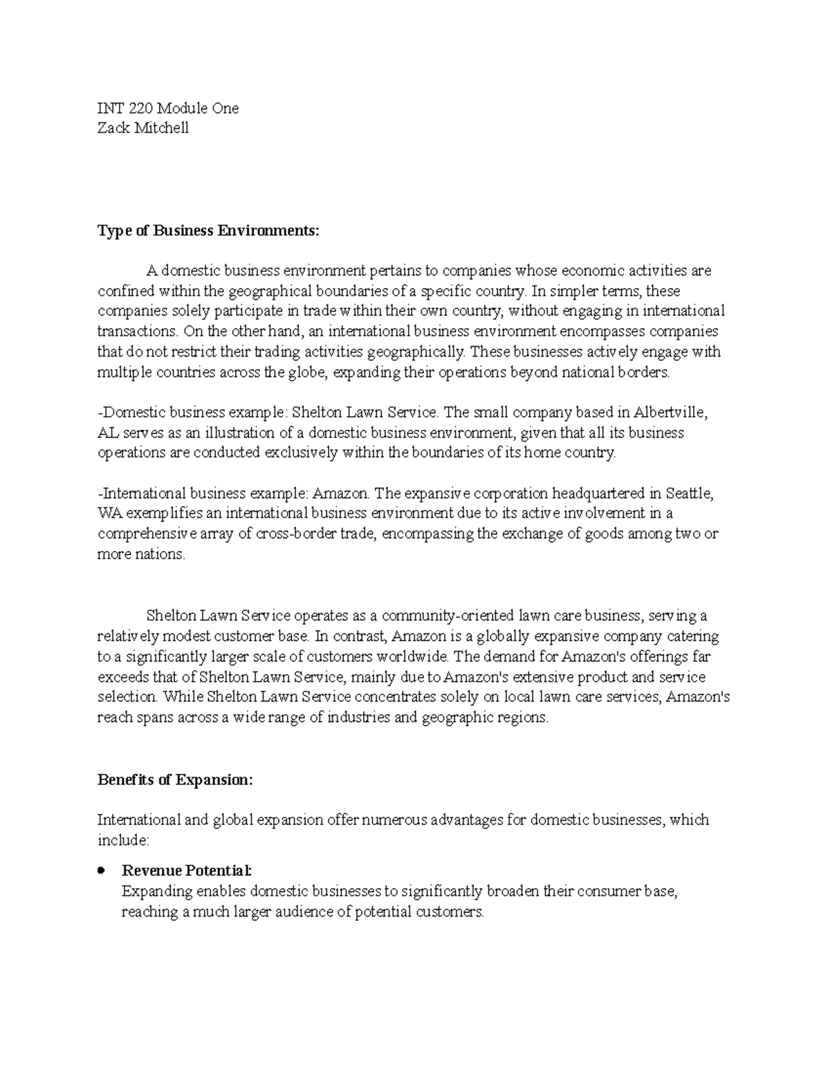 Int Module One Assignment Int 220 Module One Zack Mitchell Type Of Business Environments A