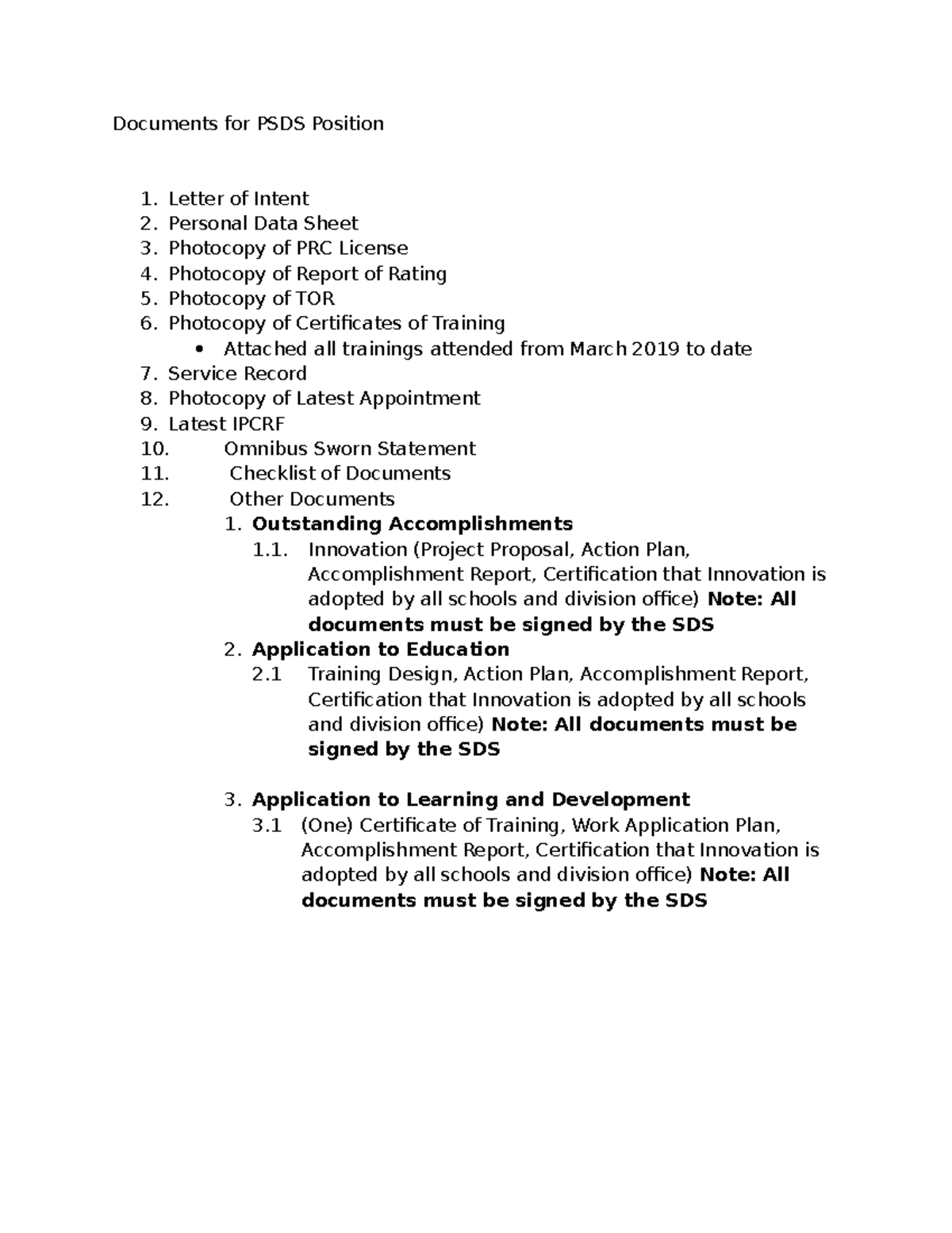 Documents for PSDS Position - Letter of Intent 2. Personal Data Sheet 3 ...