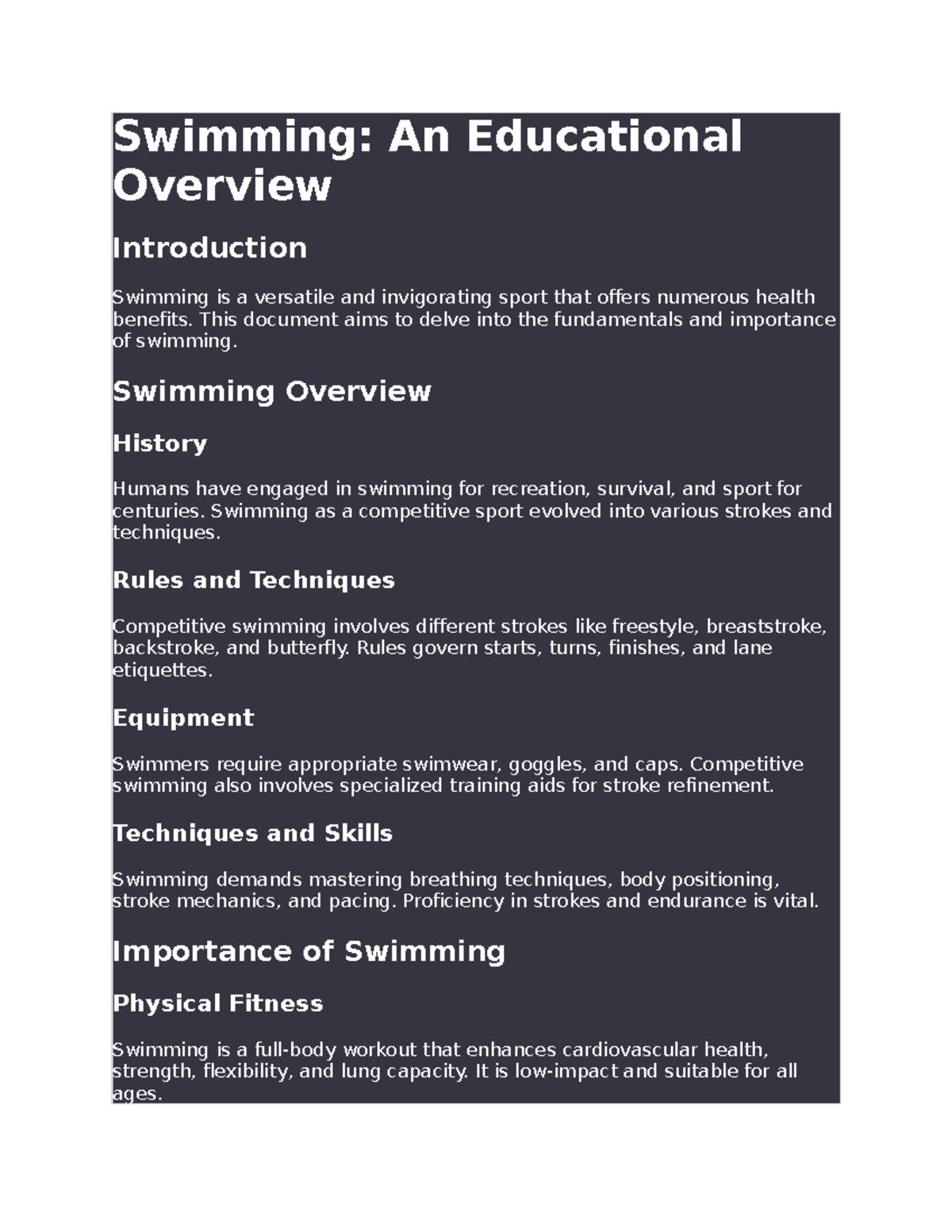 Swimming - This document aims to delve into the fundamentals and ...