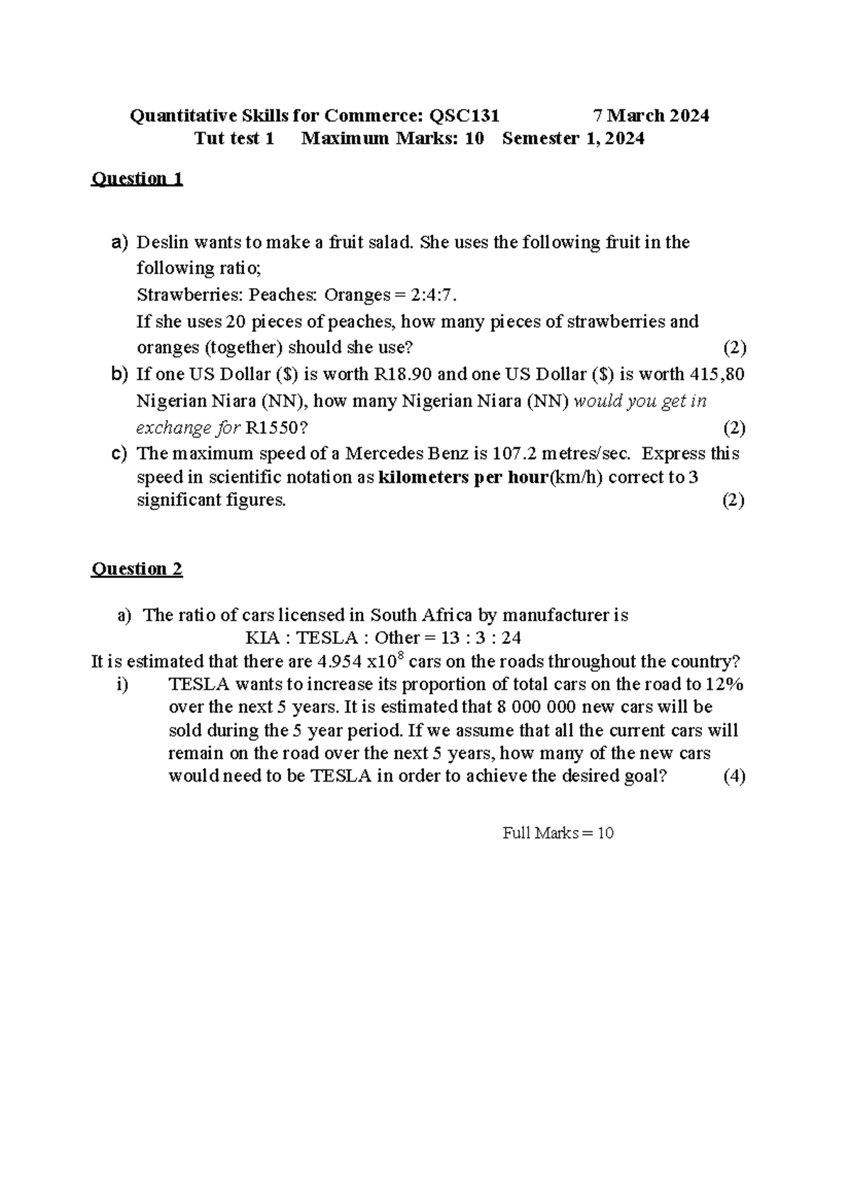 QSC131 tut test 1 2024 - Quantitative Skills for Commerce: QSC131 7 ...