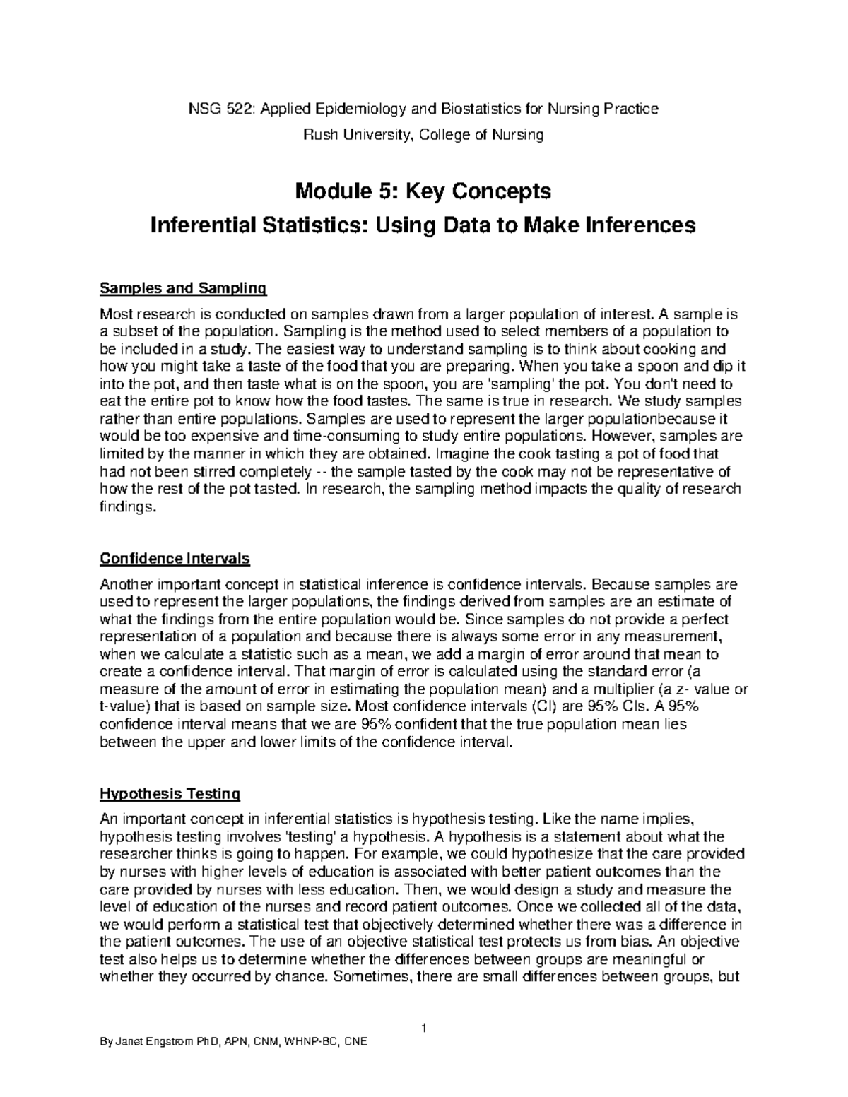 Module 5 Key concepts inferental statistics - 1 NSG 522: Applied ...