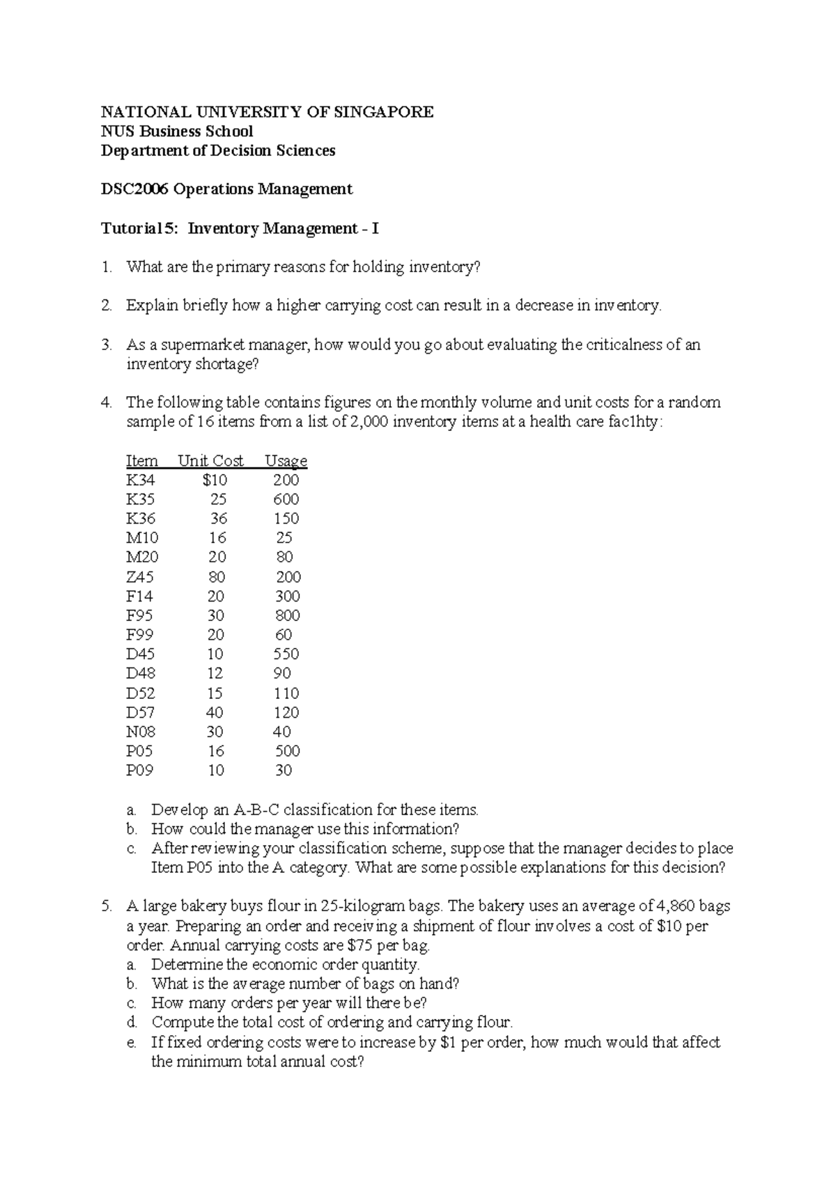 Tutorial 5 Inventory Management I - NATIONAL UNIVERSITY OF SINGAPORE ...