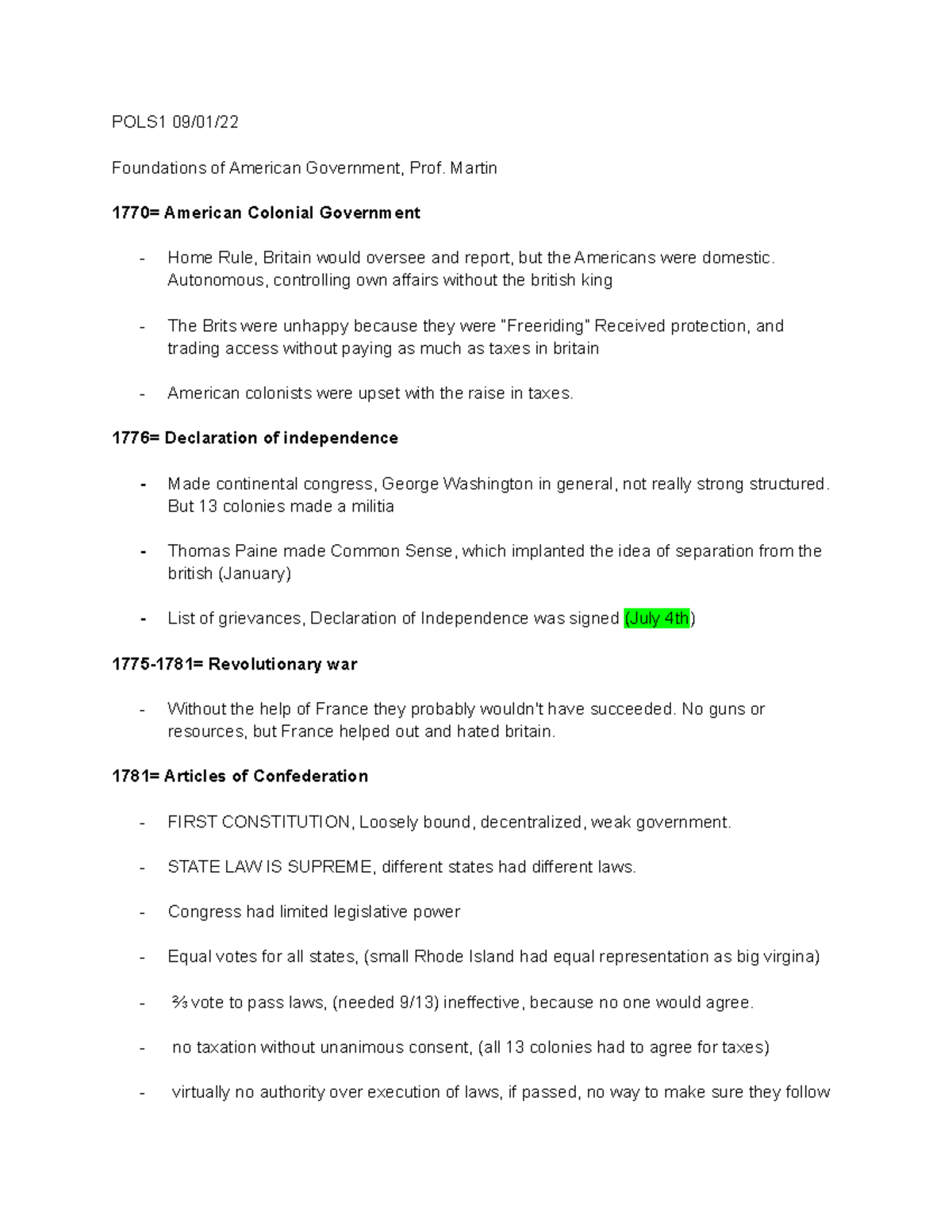 POLS1 09 01 22 - Foundations of Government Prof. Martin - POLS1 09/01 ...