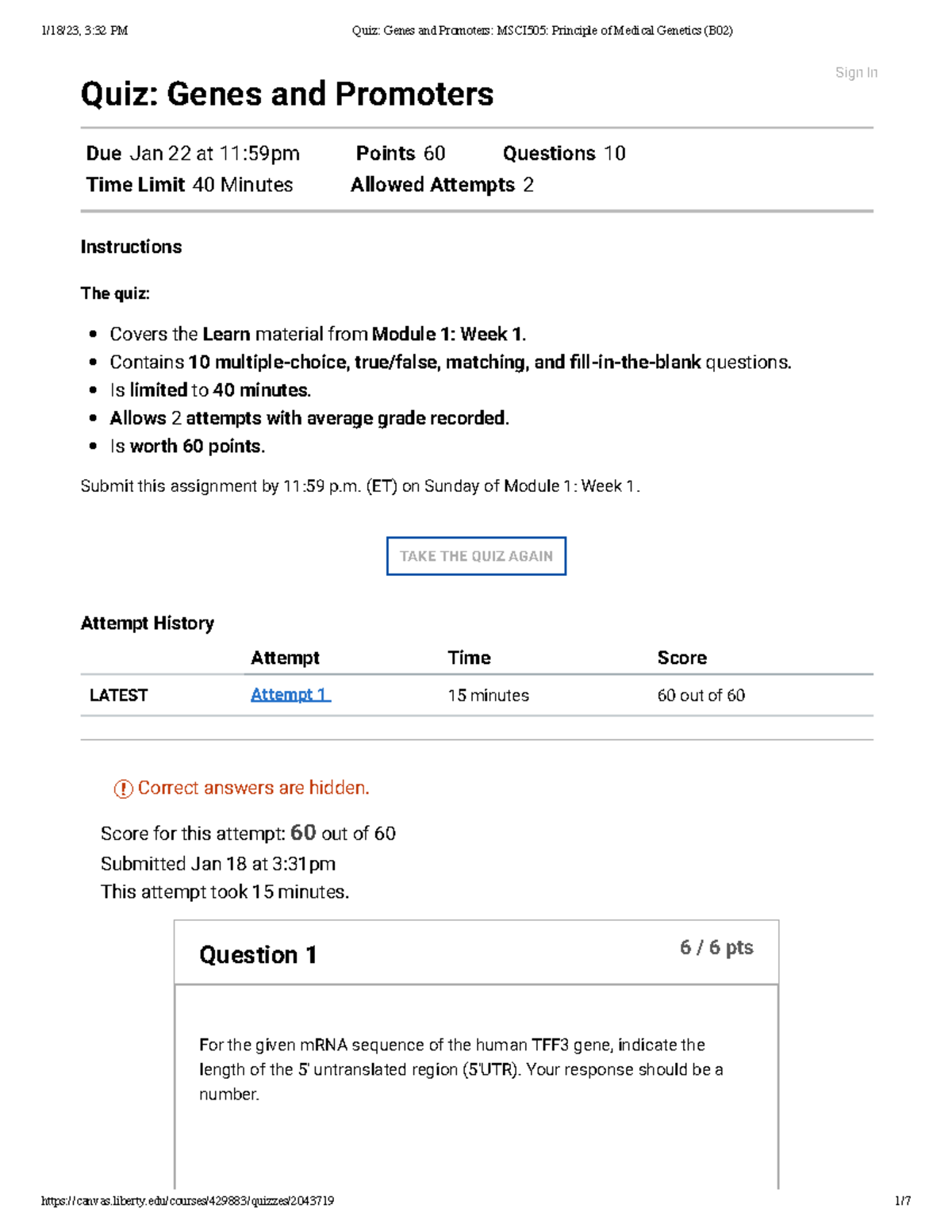 Quiz Genes and Promoters MSCI505 Principle of Medical Genetics (B02 ...