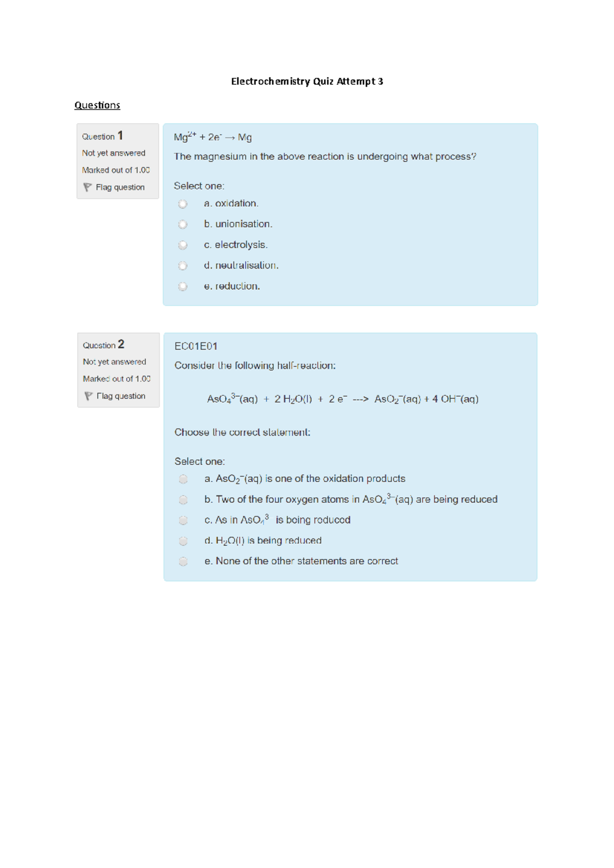 Electrochemistry Quiz Attempt 3 - CHEM1011 - Studocu