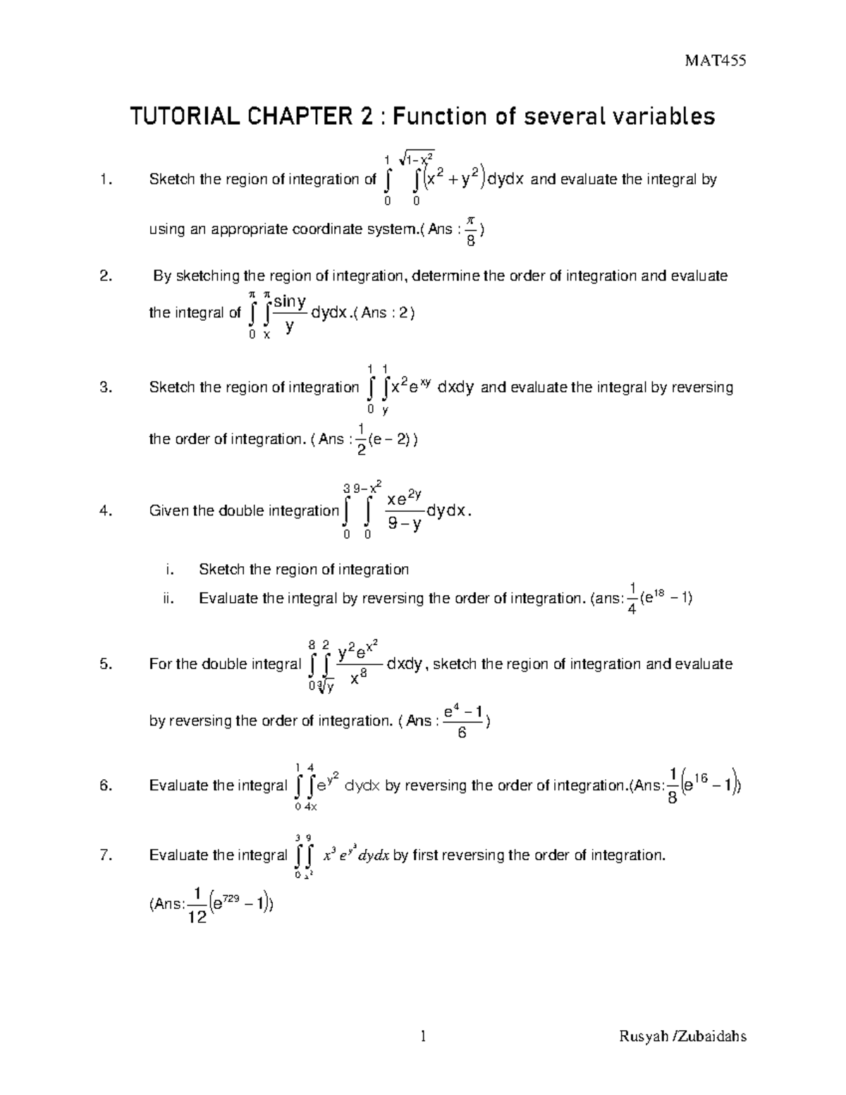Tutorial C2 MAT455 - ####### TUTORIAL CHAPTER 2 : Function of several ...
