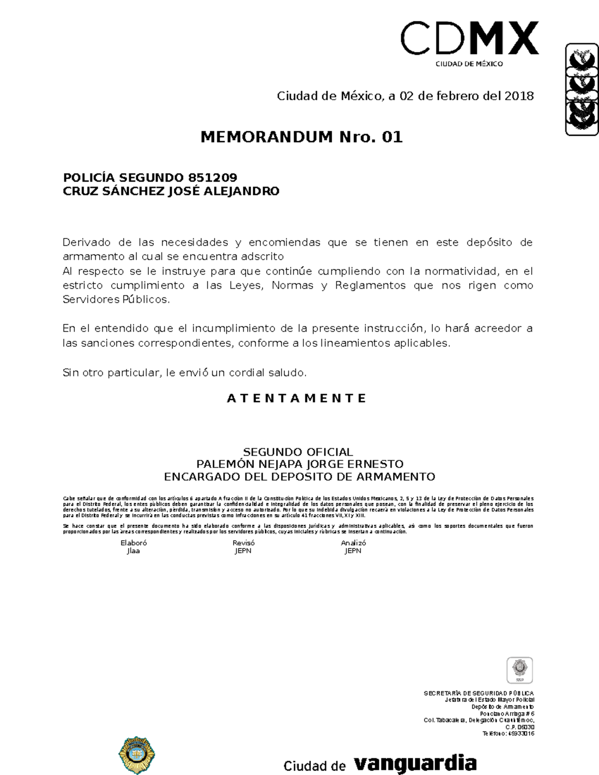 Memorandum 01 PARA Personal DEL Deposito - Ciudad de México, a 02 de ...