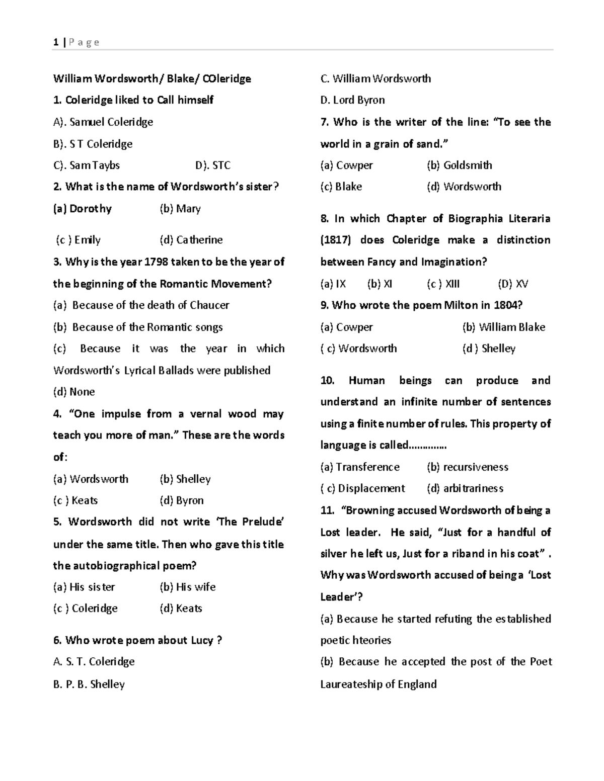 Wordsworth and coleridge - William Wordsworth/ Blake/ COleridge ...