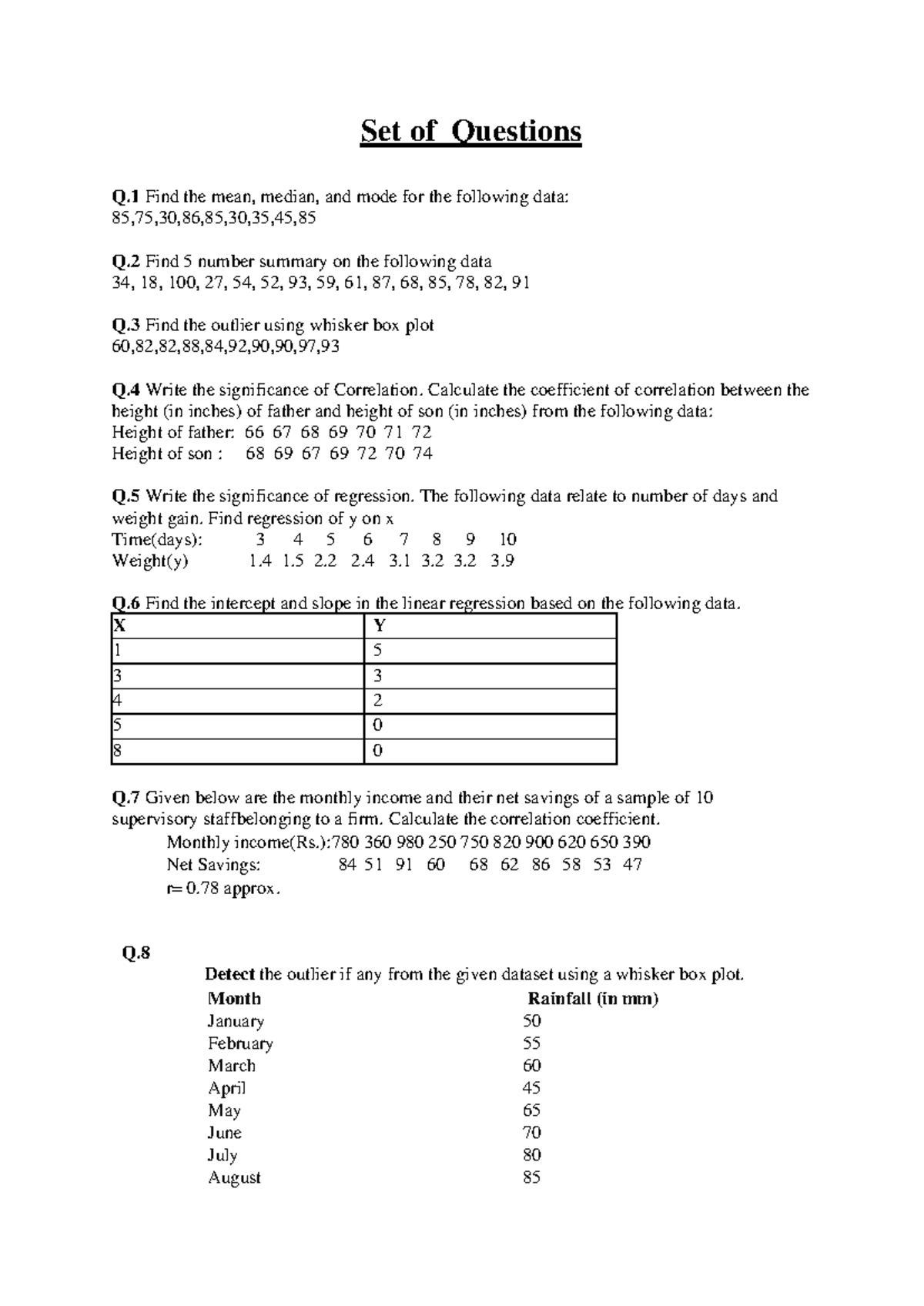 Data analytics numerical questions - Set of Questions Q Find the mean ...