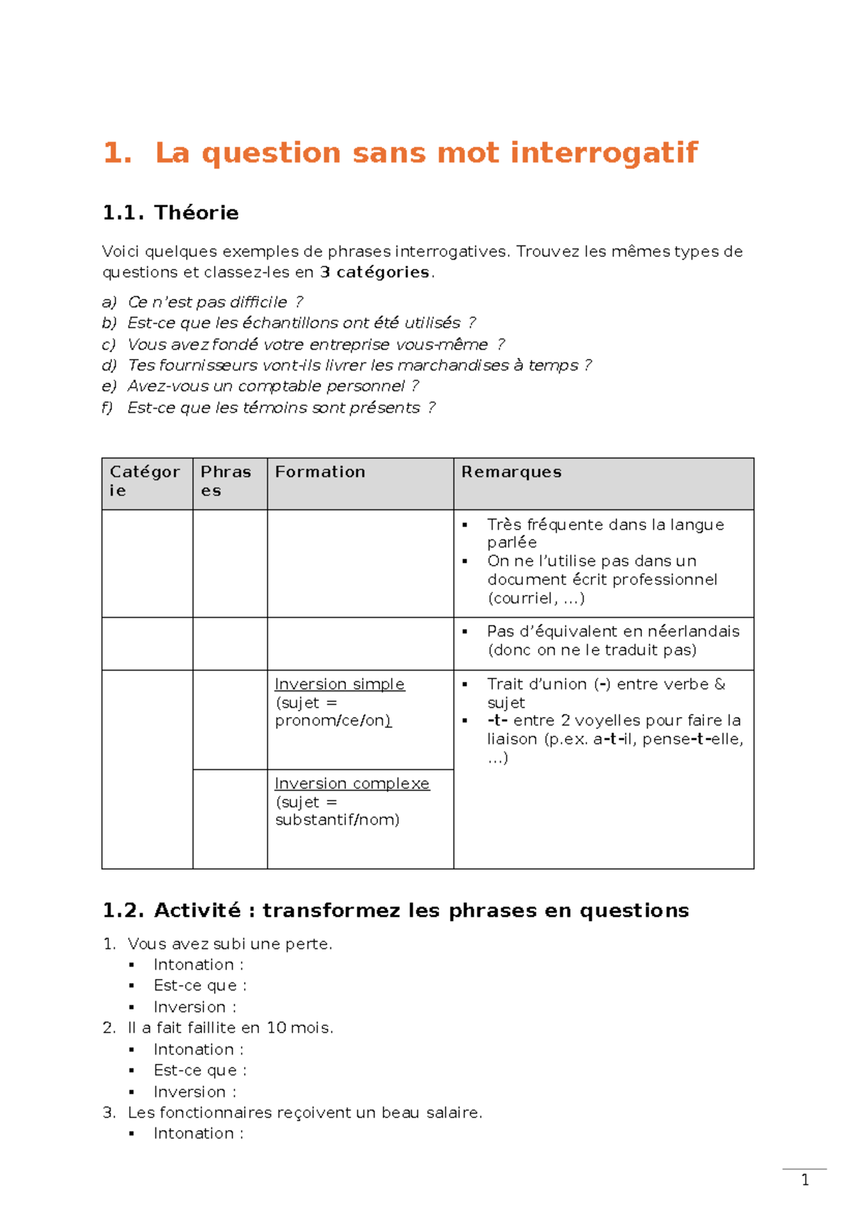 La question sans mot interrogatif - 1. La question sans mot ...