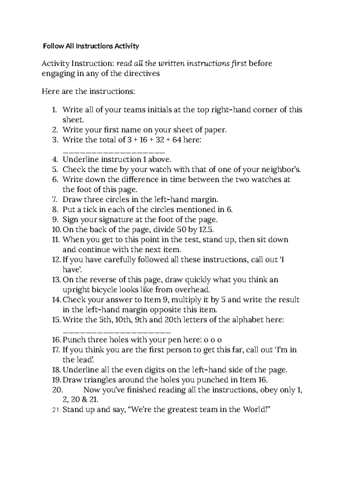 Prep training - trainin - Follow All Instructions Activity Activity ...