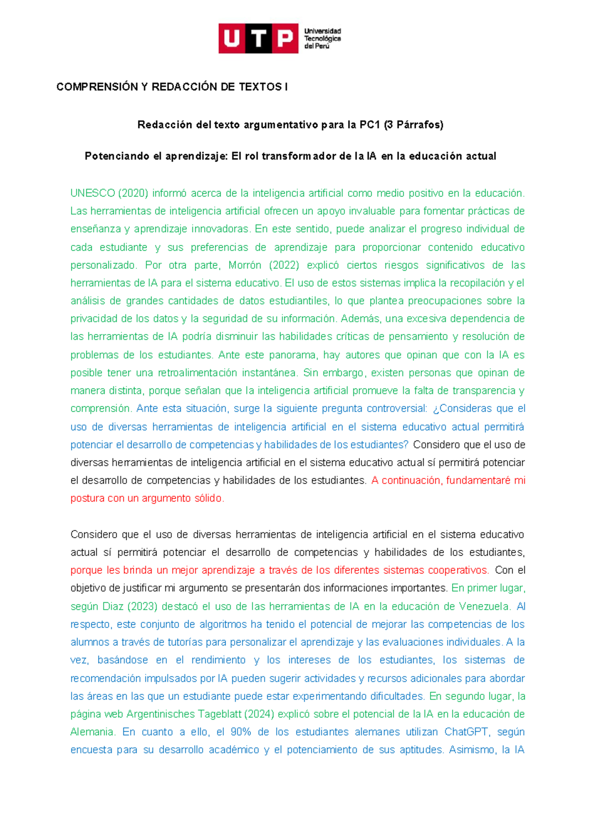 PC2 - COMPRENSIÓN Y REDACCIÓN DE TEXTOS I Redacción del texto argumentativo para la PC1 (3 ...