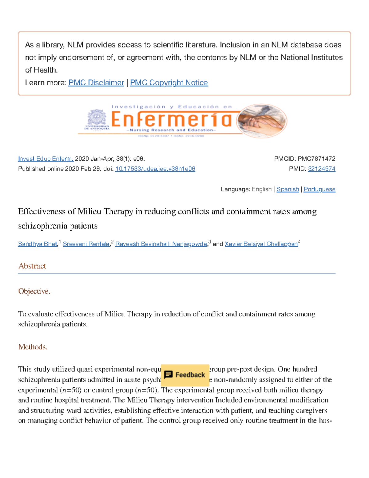 Effectiveness of Milieu Therapy in reducing confl… - As a library, NLM ...