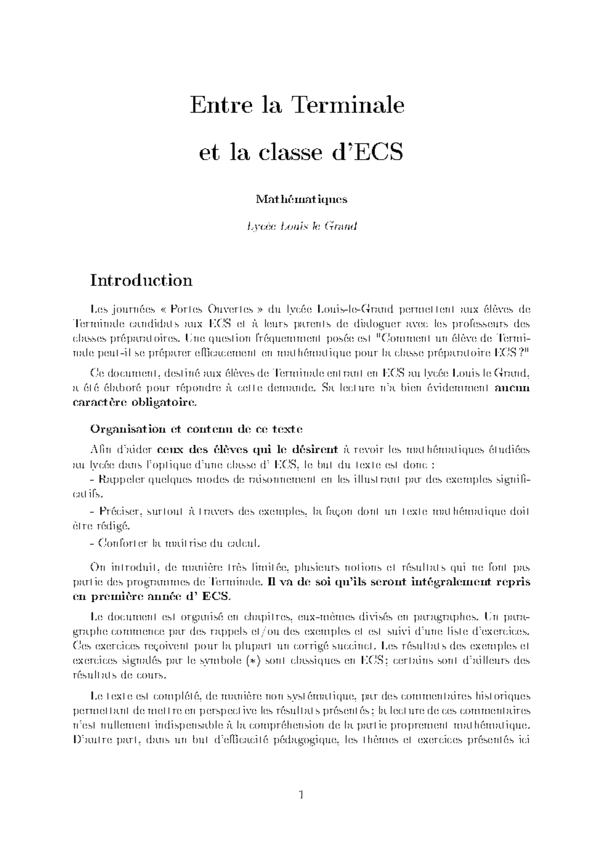 EXOS Terminale Maths ECS1 - Entre la Terminale et la lasse d'ECS ...