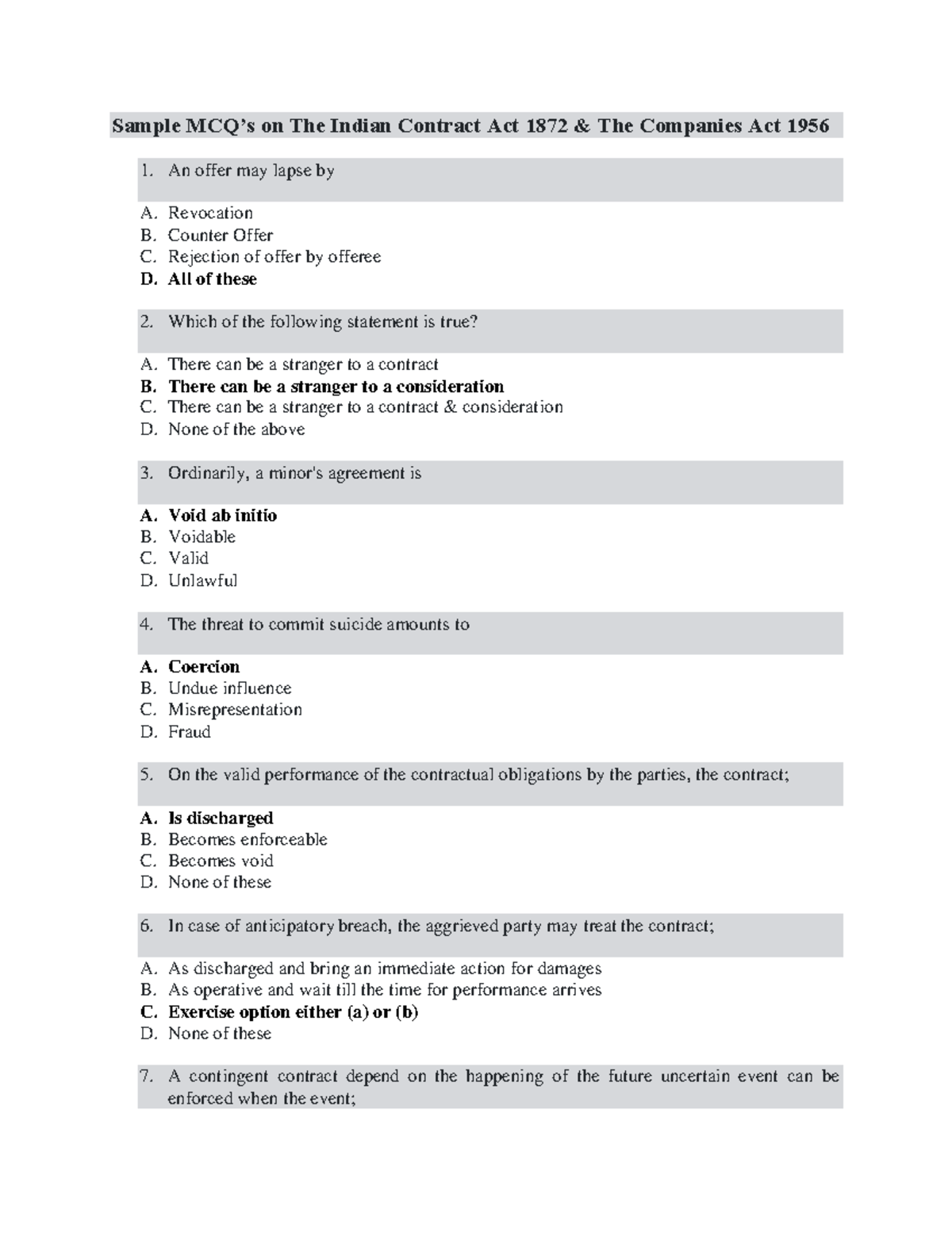 MCQ- Business LAW Tybba(IB) - Sample MCQ’s on The Indian Contract Act ...