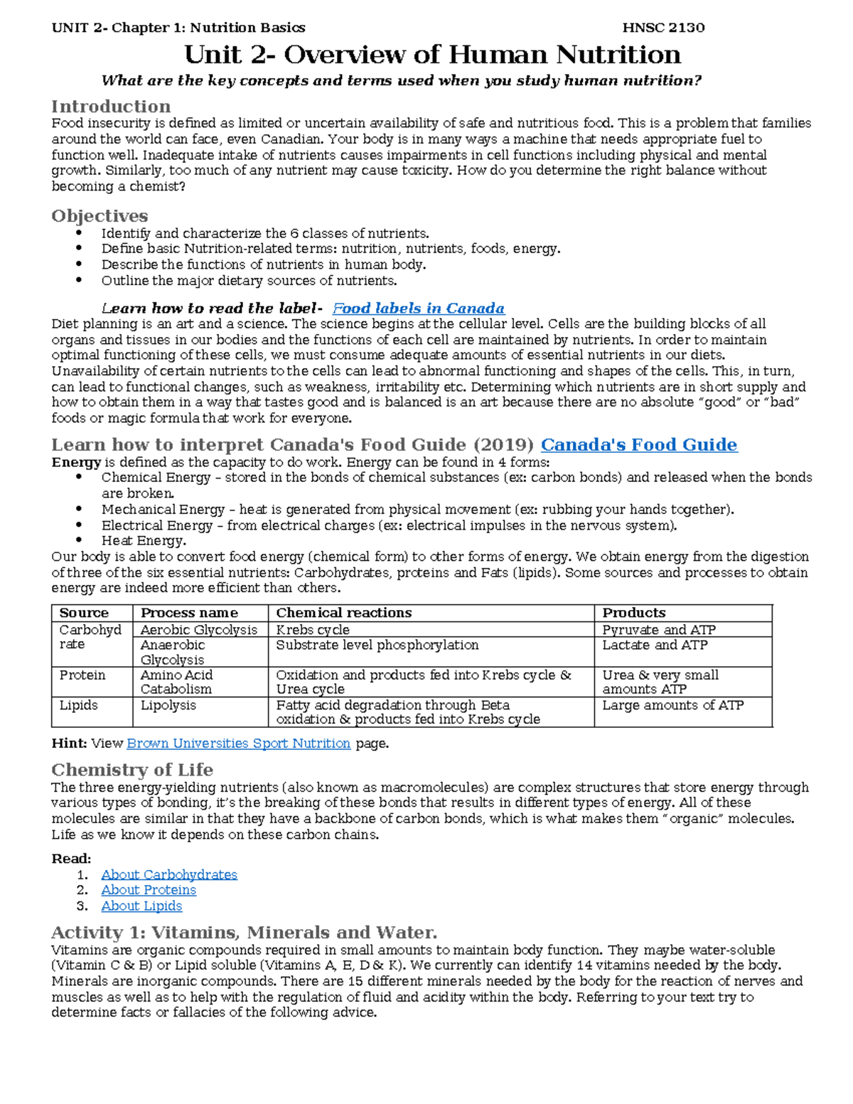 HNSC 2130 UNIT 2 Notes- Ch 1 Nutrition Basics - Unit 2- Overview of ...