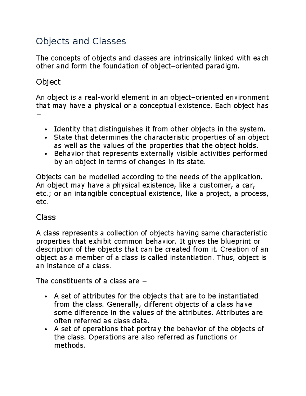 OOAD UNIT 2 - I msc cs - Objects and Classes ####### The concepts of ...