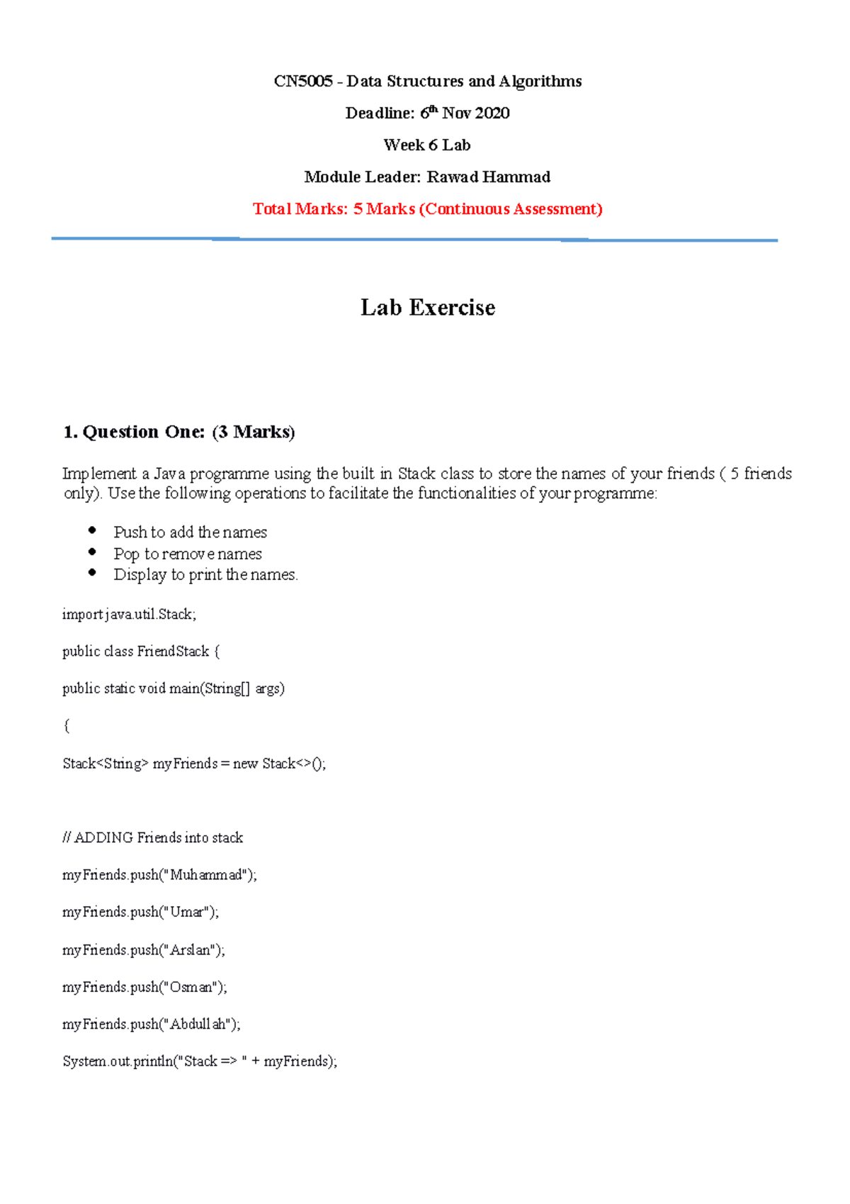 Week 6 Lab CN5005 - CN5005 - Data Structures and Algorithms Deadline ...