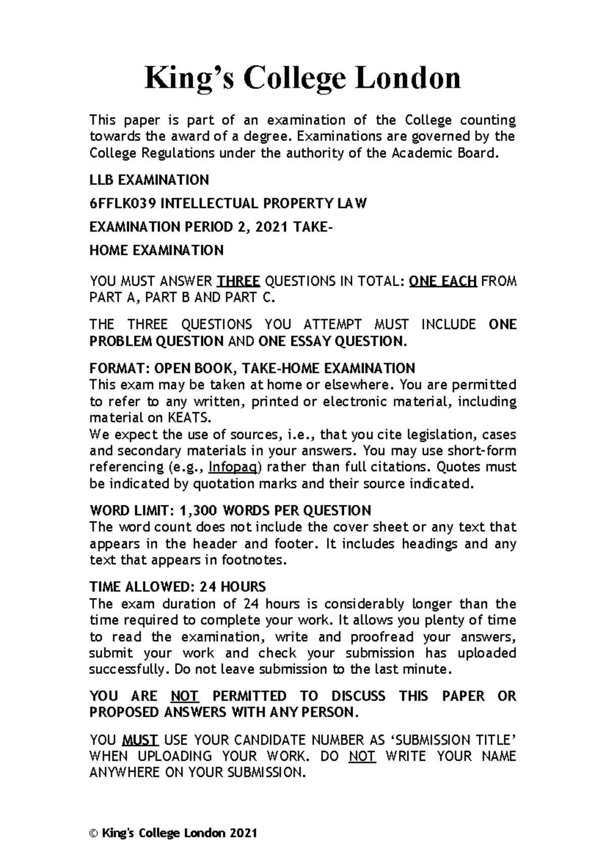 6FFLK039 Exam paper - 2020-21 - King’s College London This paper is ...
