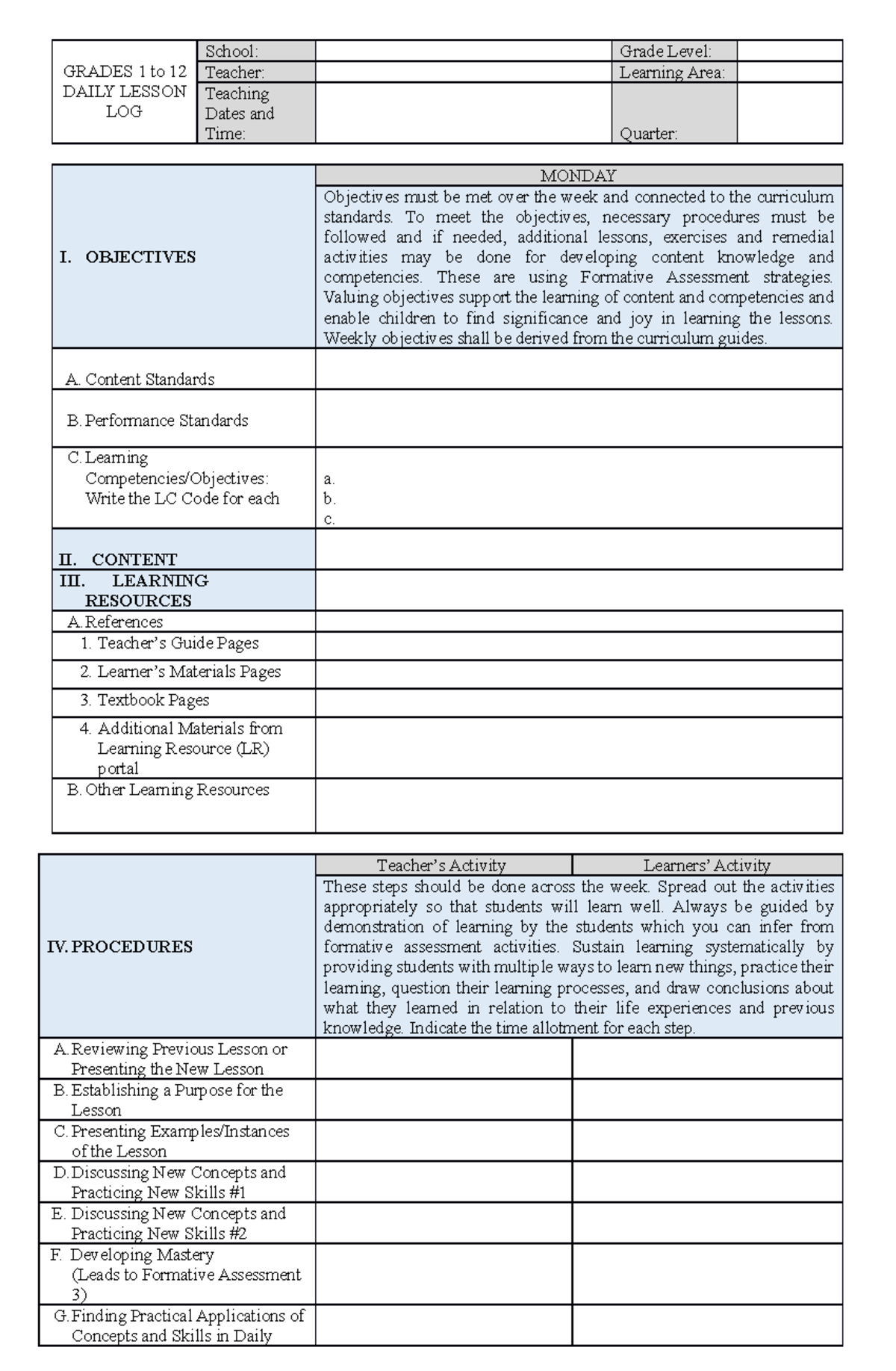 DLL - yeah you know - GRADES 1 to 12 DAILY LESSON LOG School: Grade ...