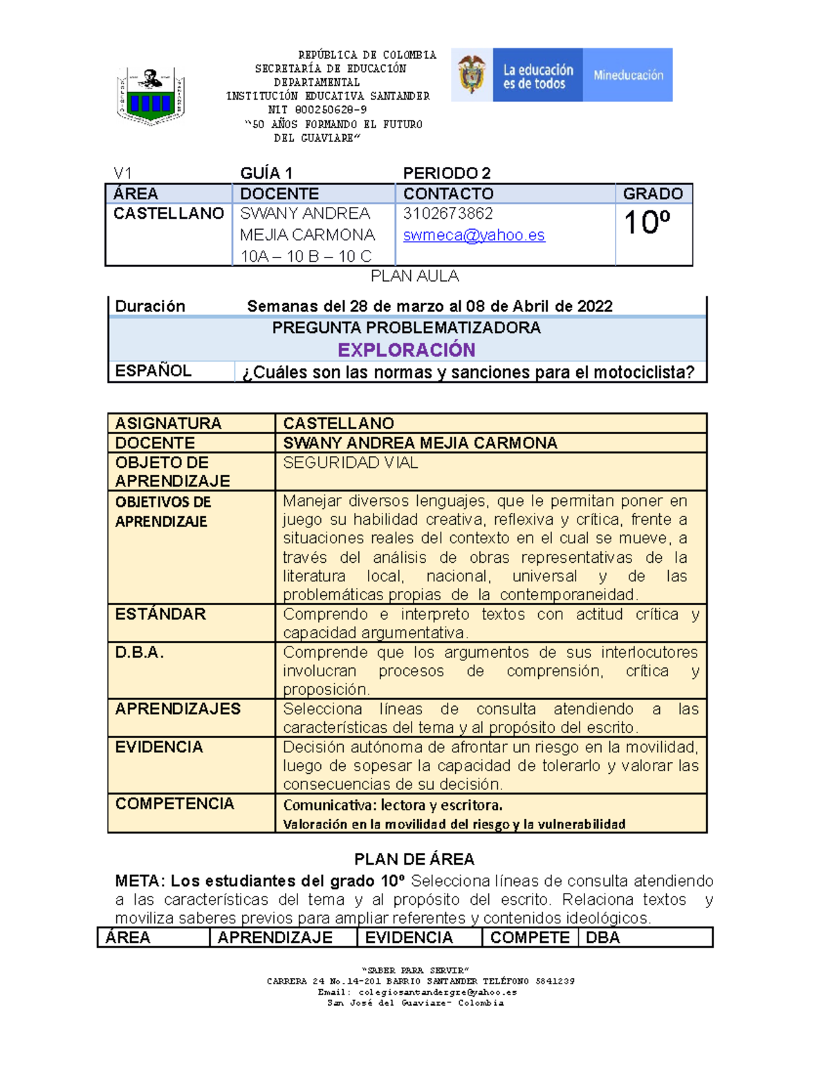 PLAN AULA - P2 GUIA 1 - 10° Castellano - Mejia - SECRETARÍA DE ...
