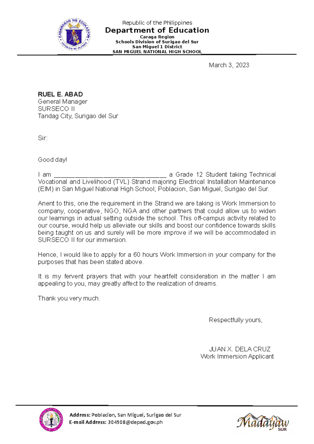 Learners Letter of Intent - Republic of the Philippines Department of ...