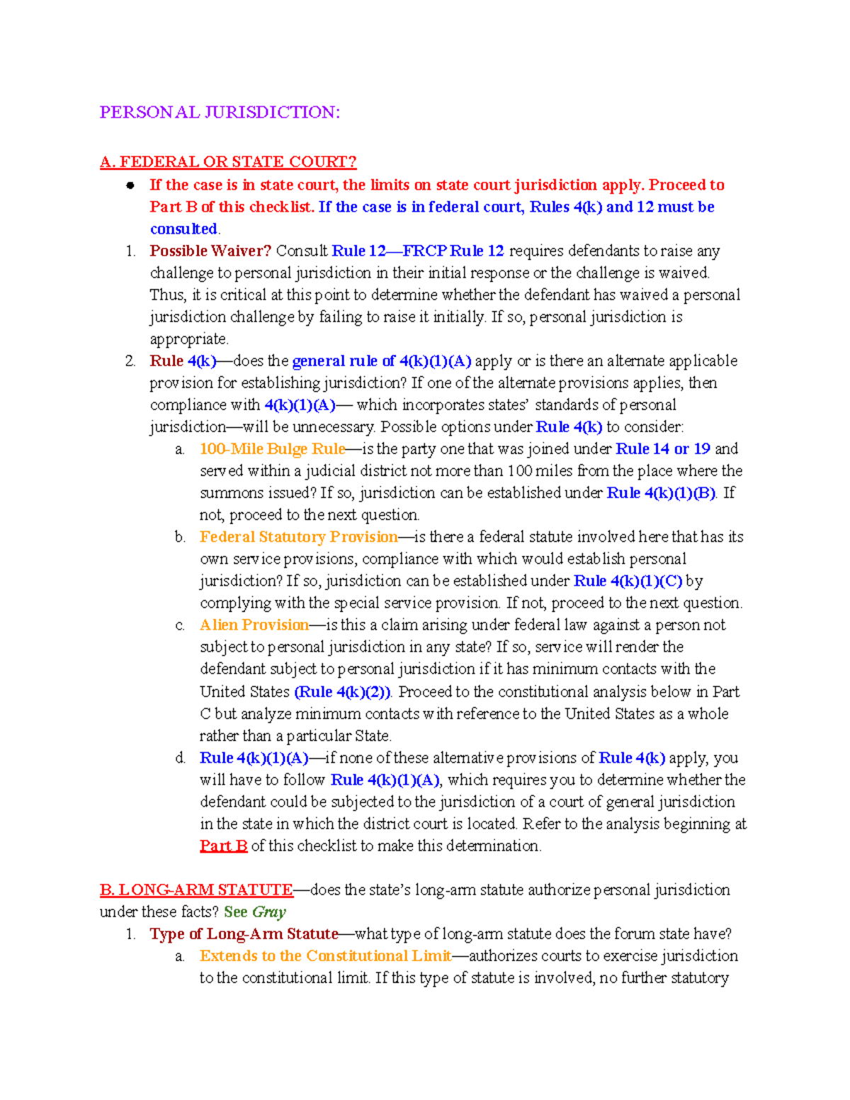 Civ pro checklist - PERSONAL JURISDICTION: A. FEDERAL OR STATE COURT ...