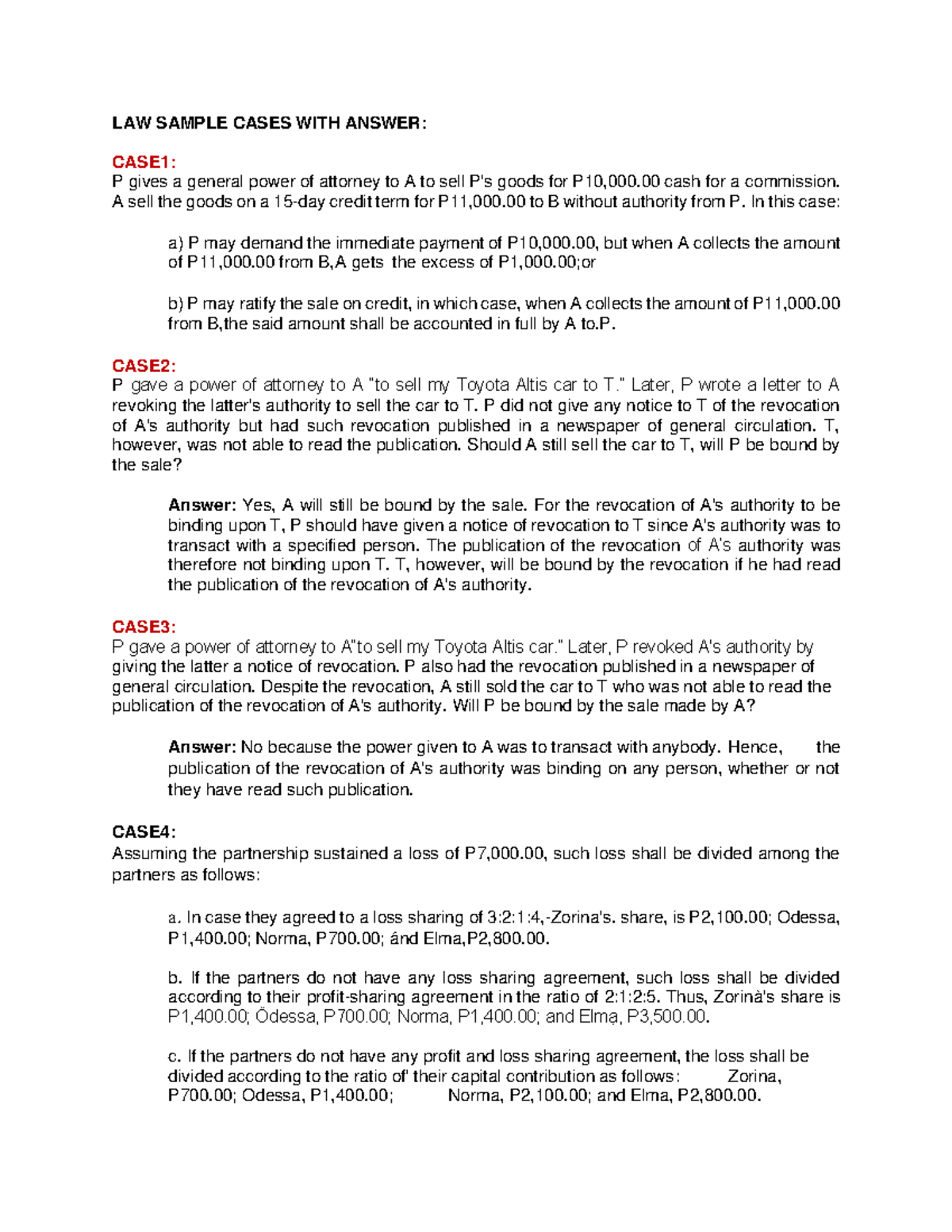 LAW Sample Cases WITH Answer - LAW SAMPLE CASES WITH ANSWER: CASE1: P ...