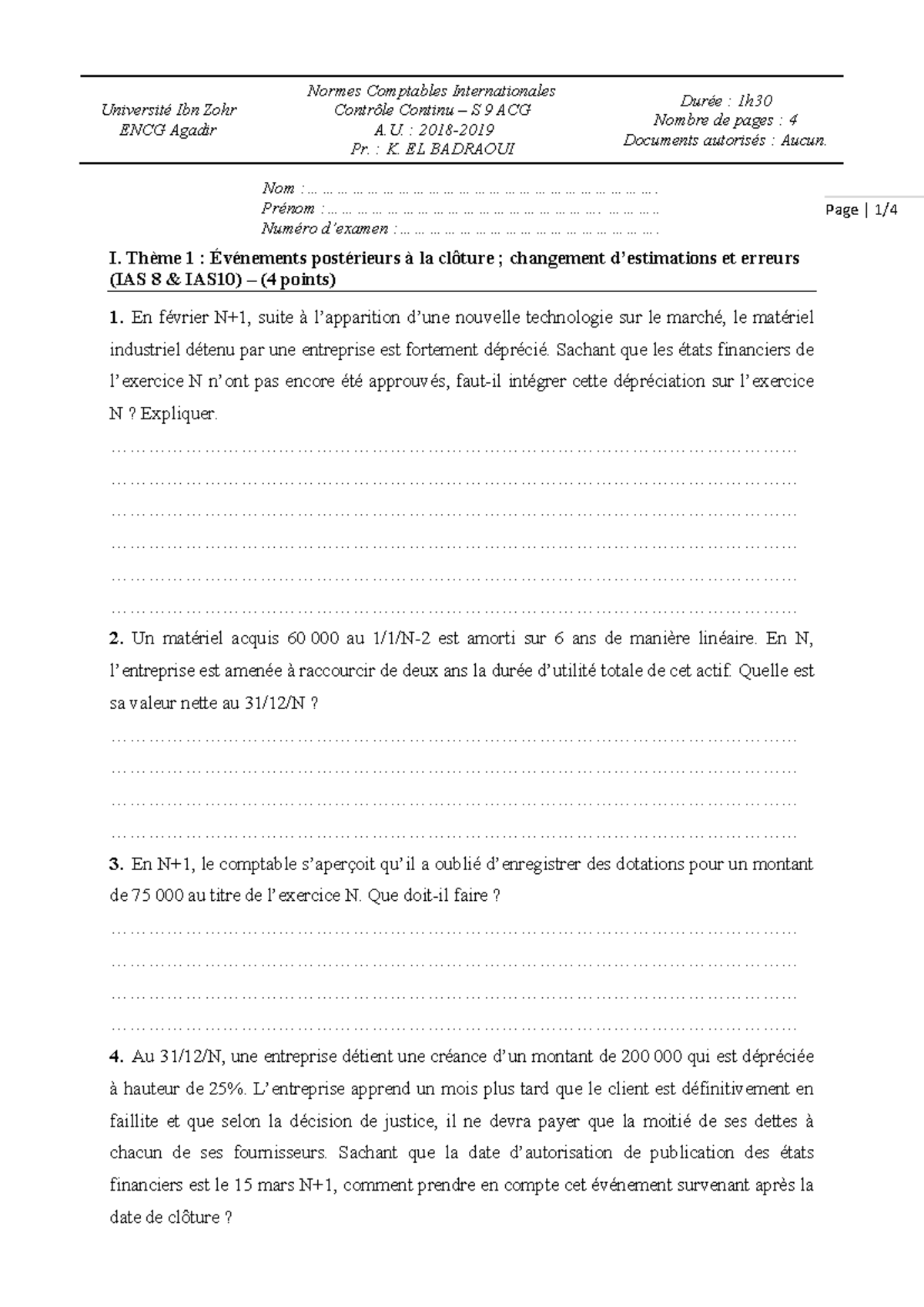 Contrôle Continu 2018-2019 - Page | 1/ Université Ibn Zohr ENCG Agadir ...