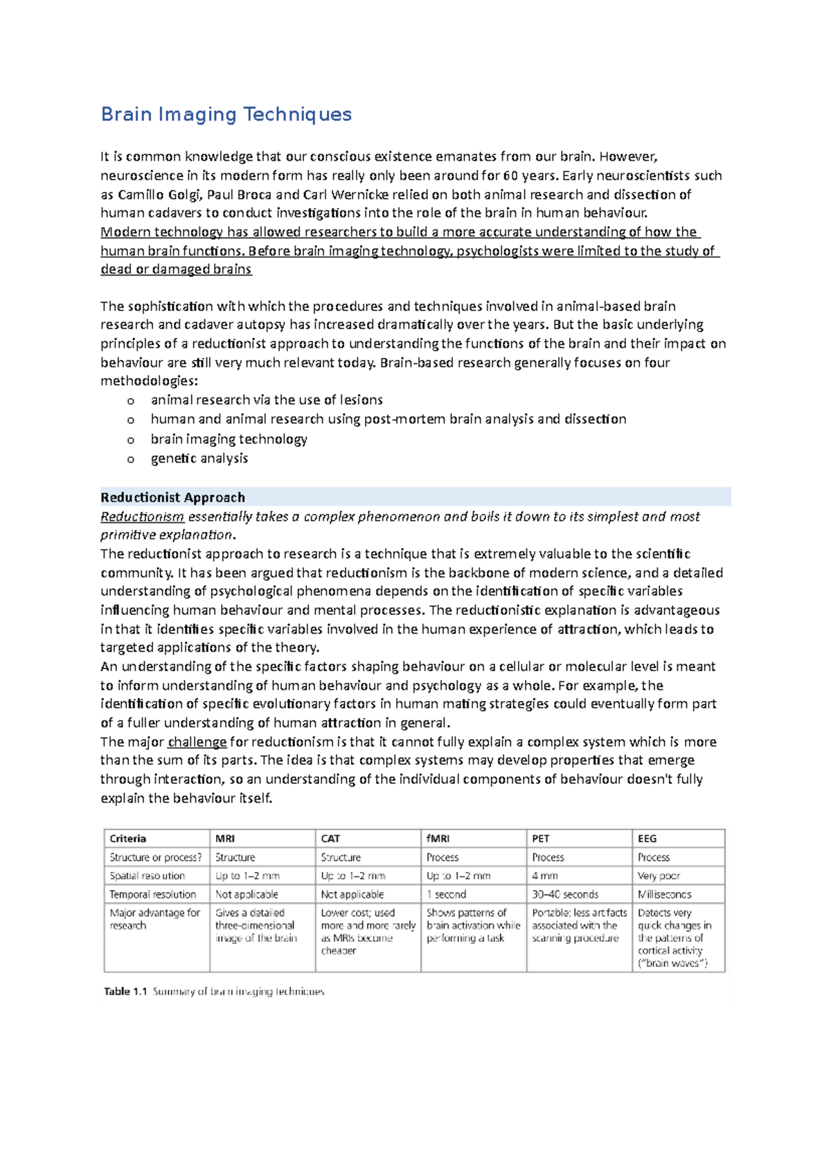 Biological Approach Full Notes - Brain Imaging Techniques It is common ...