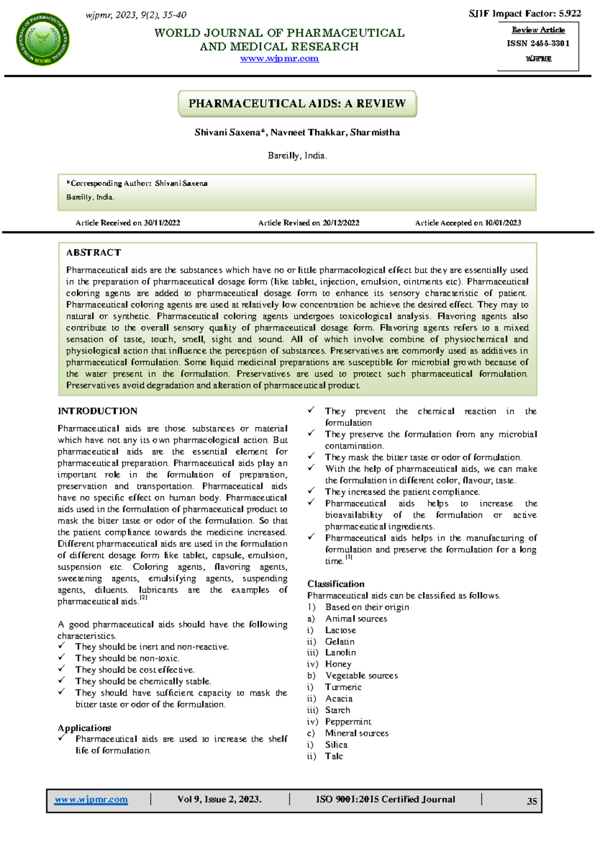 Article 1675145691 - asdfasdf asdf - Saxena et al. World Journal of Pharmaceutical and Medical ...