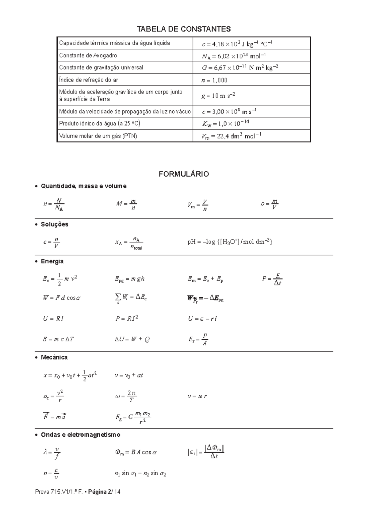 Tabela de constante e TP exame FQA - Prova 715/1.ª F. • Página 2/ 14 ...