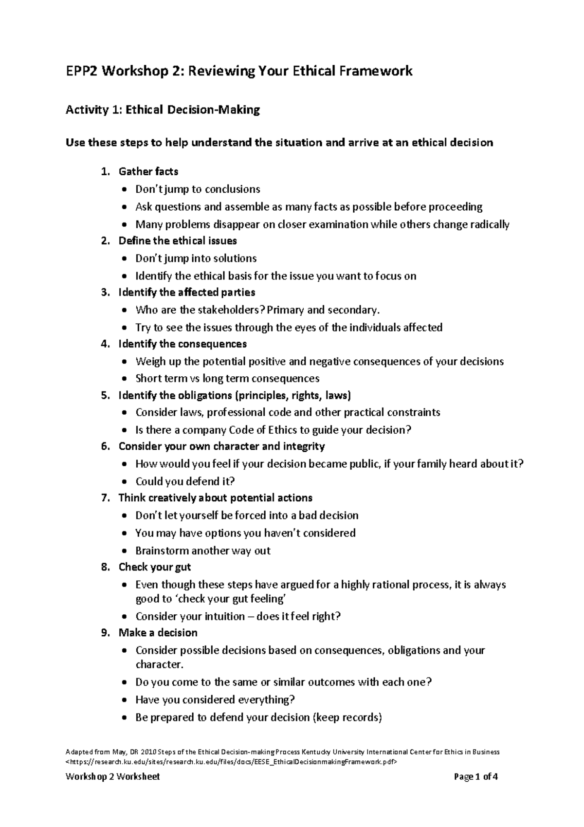 EPP2 Workshop 2 Worksheet - EPP2 Workshop 2: Reviewing Your Ethical ...