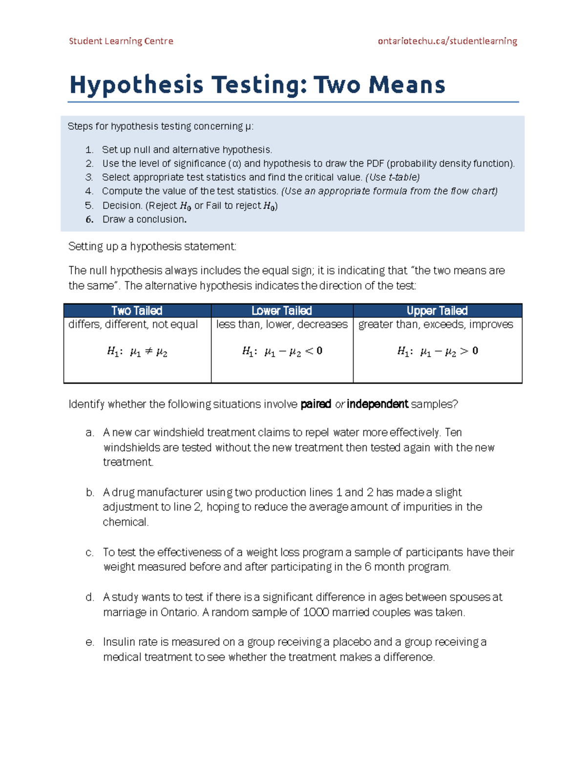 Hypothesis Testing Two Means F2024 - Student Learning Centre ...
